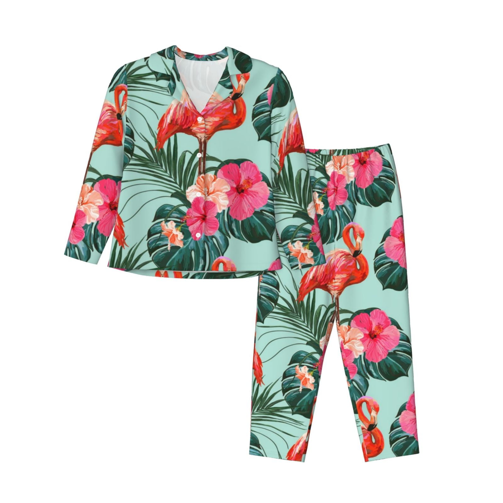 Pajama Sets for Women 2 Pcs, Palm Leaves Flamingo Button Down Long Sleeve Sleepwear Lounge PJ ...