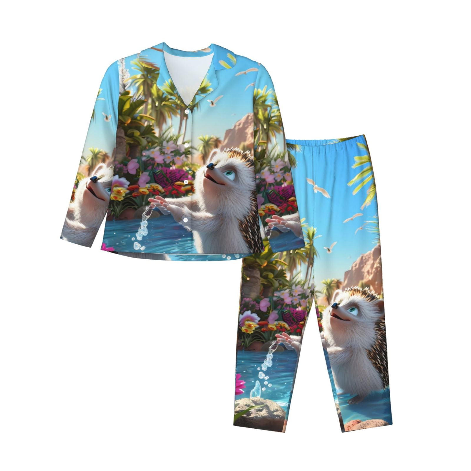 Pajama Sets for Women 2 Pcs, Playful Hedgehog Forest Pond Button Down ...