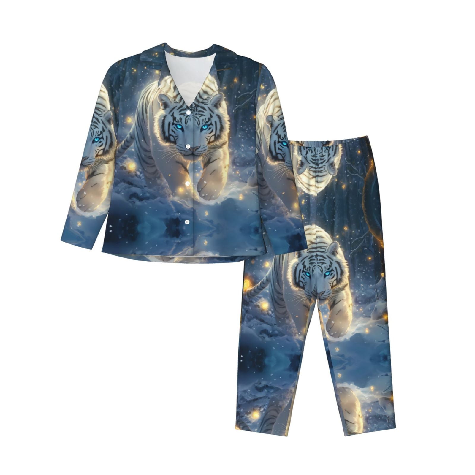 Pajama Sets for Women 2 Pcs, Prowling White Tiger Snow Button Down Long ...