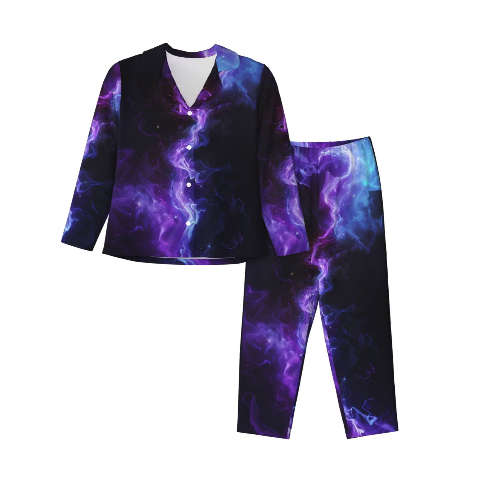 Pajama Sets for Women 2 Pcs, Purple And Blue Nebula Button Down Long ...