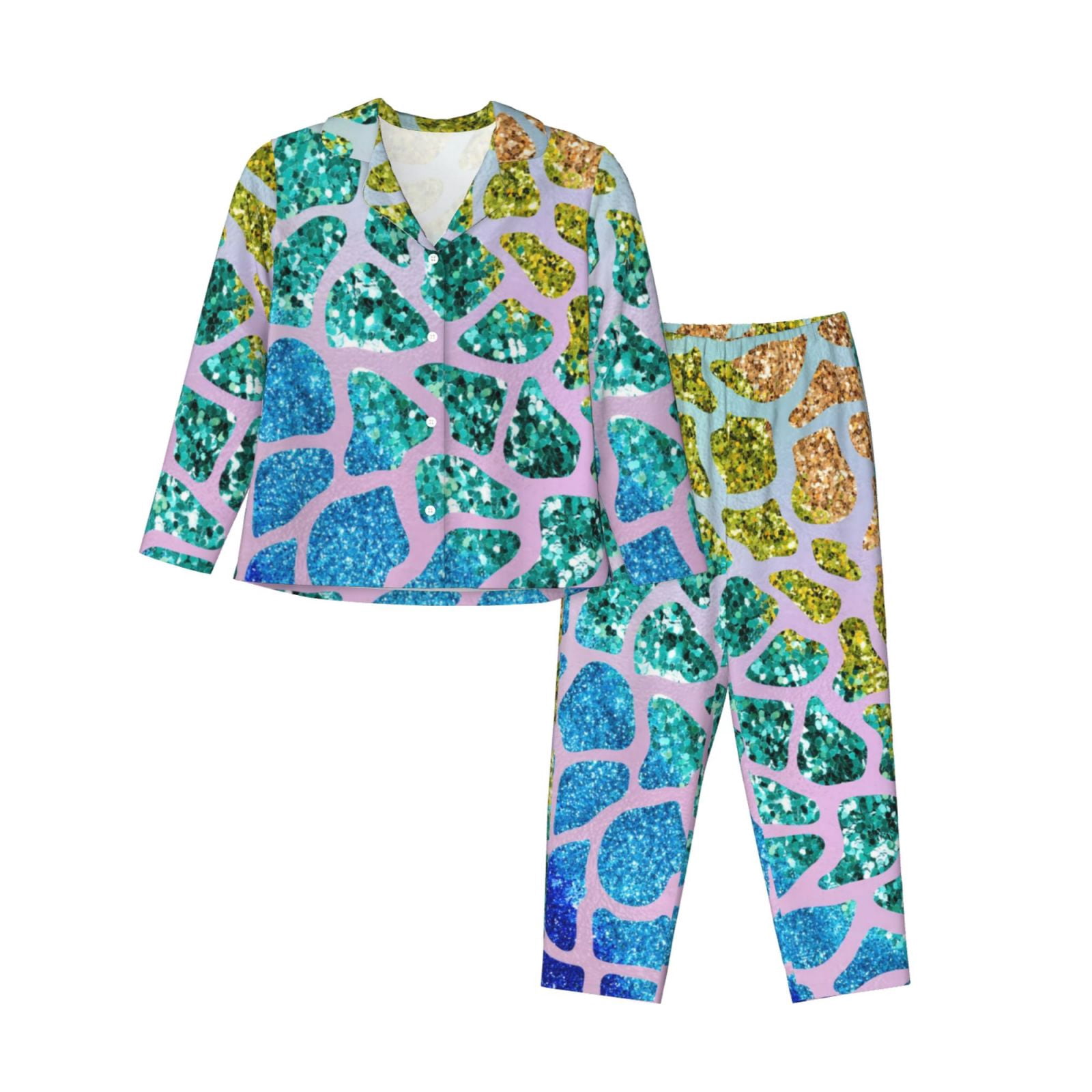 Pajama Sets for Women 2 Pcs, Rainbow Glitter Button Down Long Sleeve Sleepwear Lounge PJ Sets ...