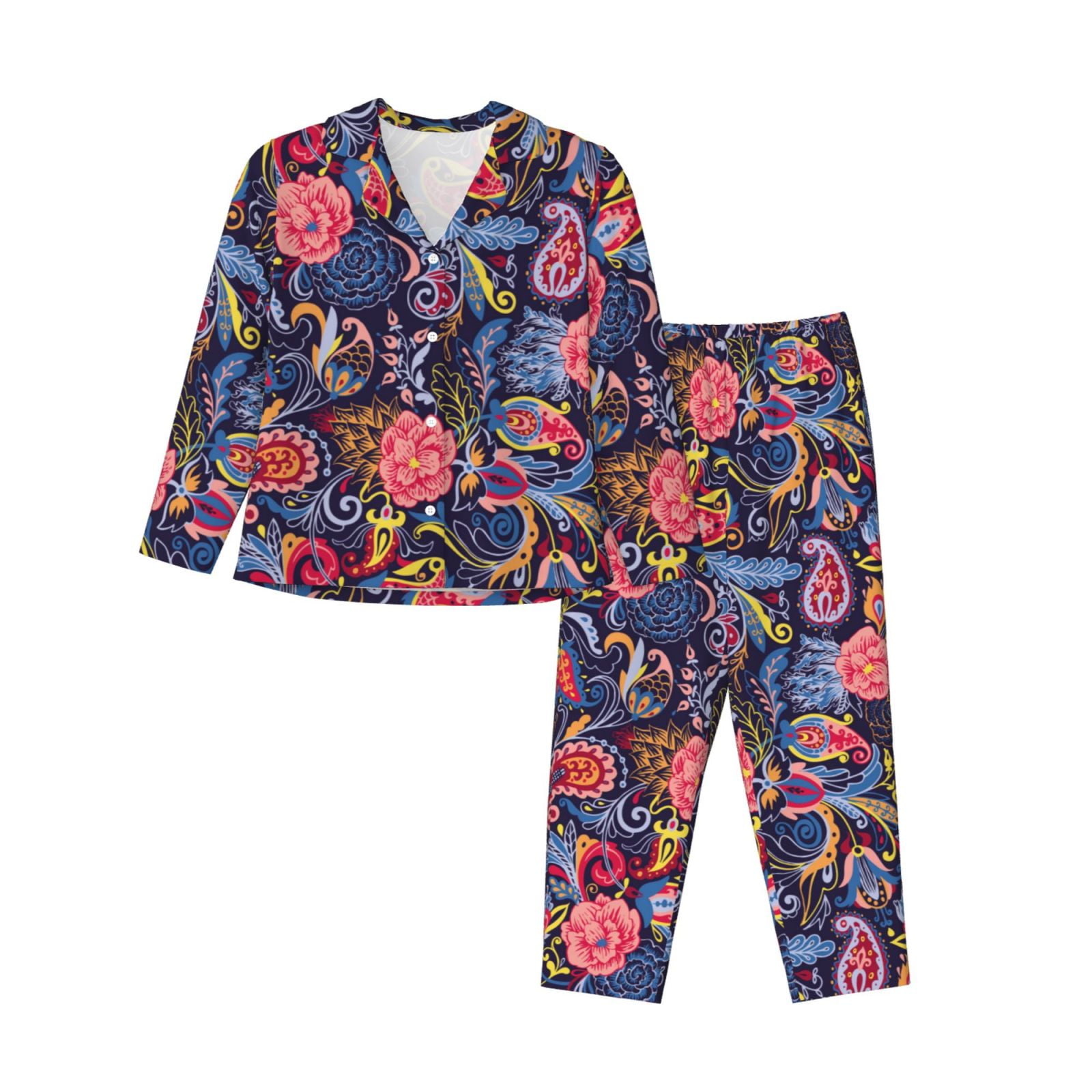 Pajama Sets for Women 2 Pcs, Red Blue Flower Paisley Button Down Long ...
