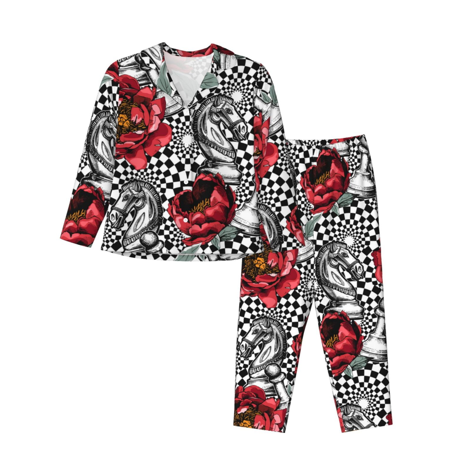 Pajama Sets for Women 2 Pcs, Red Peony Knight Chess checkered Button ...