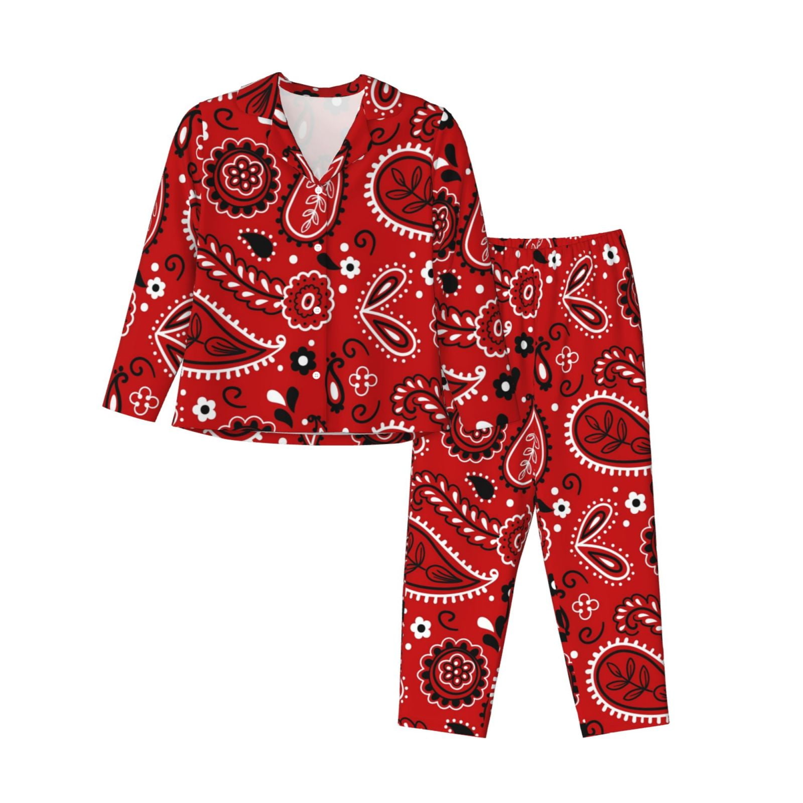 Pajama Sets for Women 2 Pcs, Red Vintage Paisley Pattern Button Down ...