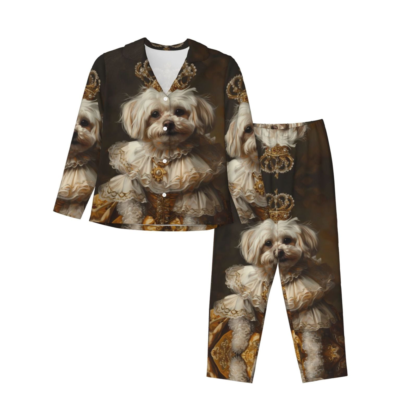Pajama Sets for Women 2 Pcs, Regal Dog In Royal Attire Button Down Long ...