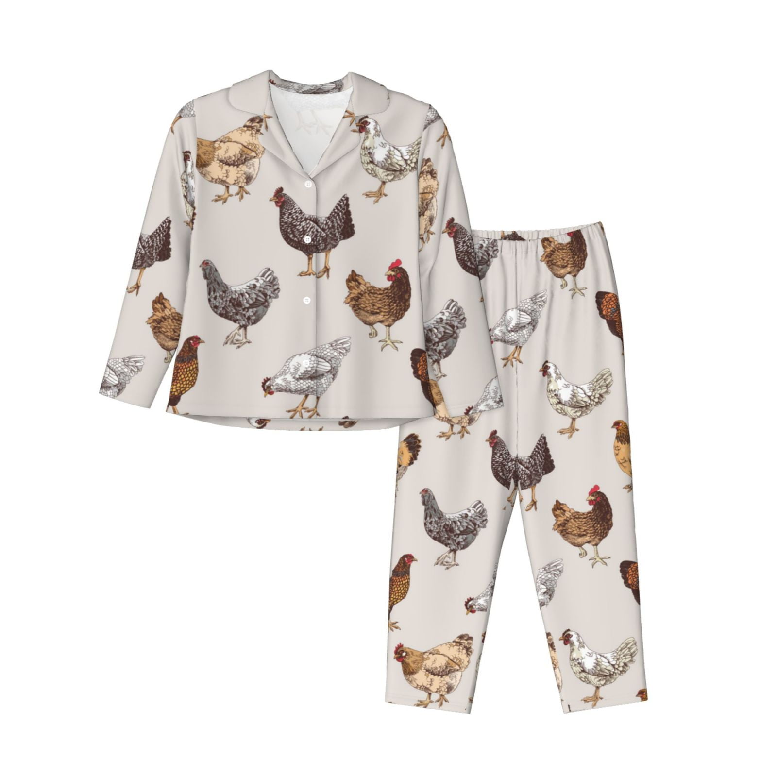Pajama Sets for Women 2 Pcs, Rustic Cute Chicken Button Down Long ...