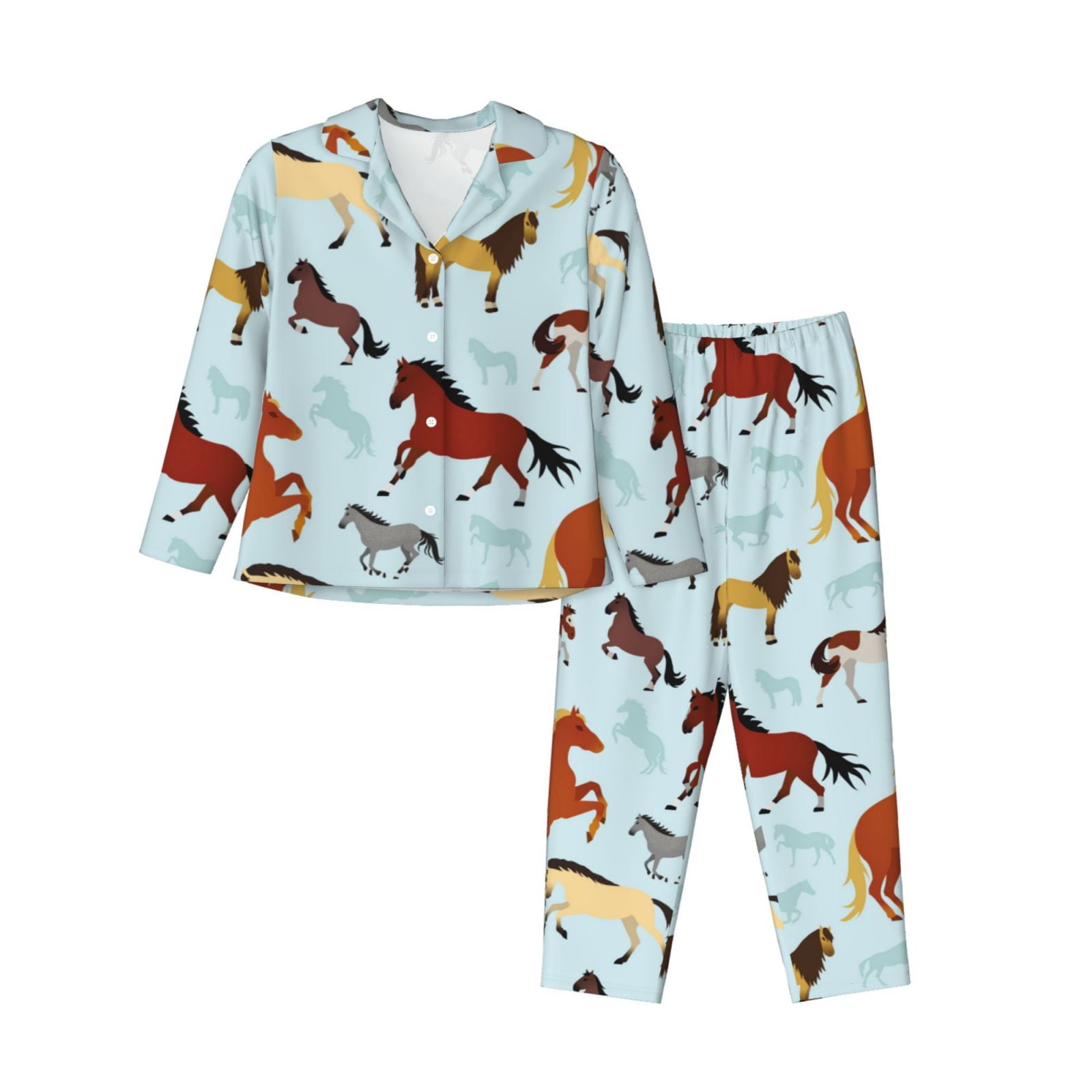 Pajama Sets for Women 2 Pcs, Rustic Cute Horse Button Down Long Sleeve ...