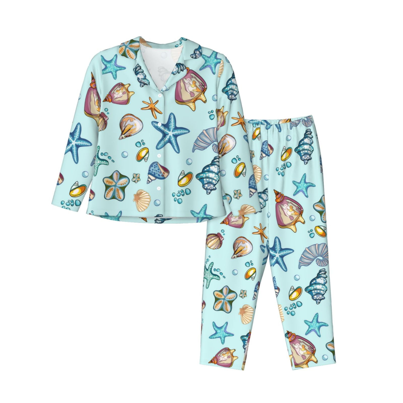 Pajama Sets for Women 2 Pcs, Sea Shells 2 Button Down Long Sleeve ...
