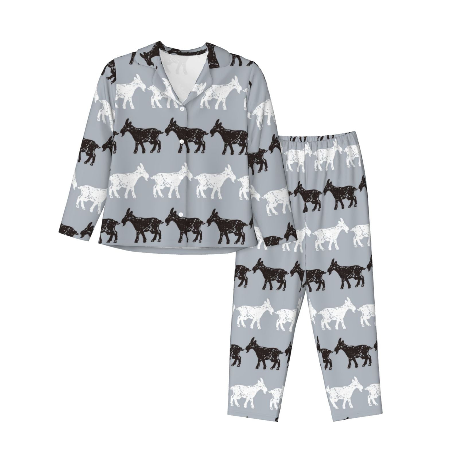 Pajama Sets for Women 2 Pcs, Sketch Cute Goat Black White Button Down ...