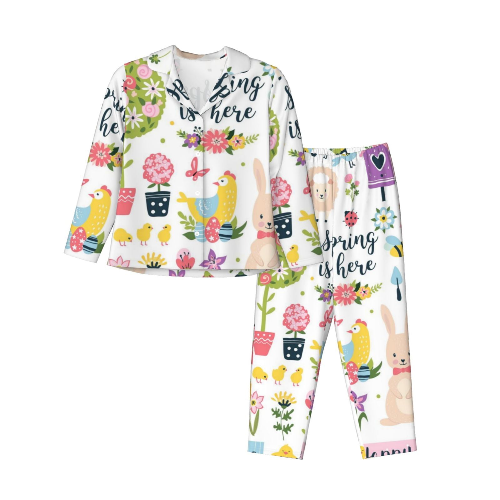 Pajama Sets for Women 2 Pcs, Spring Hand Drawn Flowers Birds Button ...