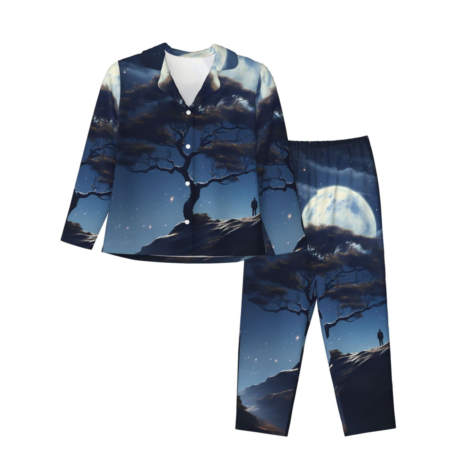 Pajama Sets for Women 2 Pcs, Starry Sky Moon Tree A Button Down Long ...