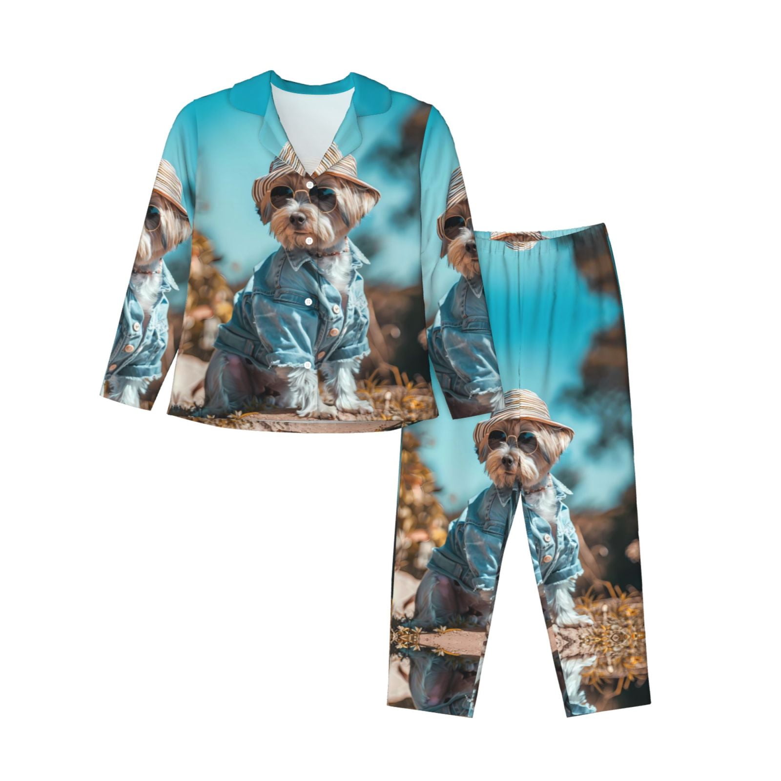 Pajama Sets for Women 2 Pcs, Stylish Dog in Denim Outfit Button Down ...