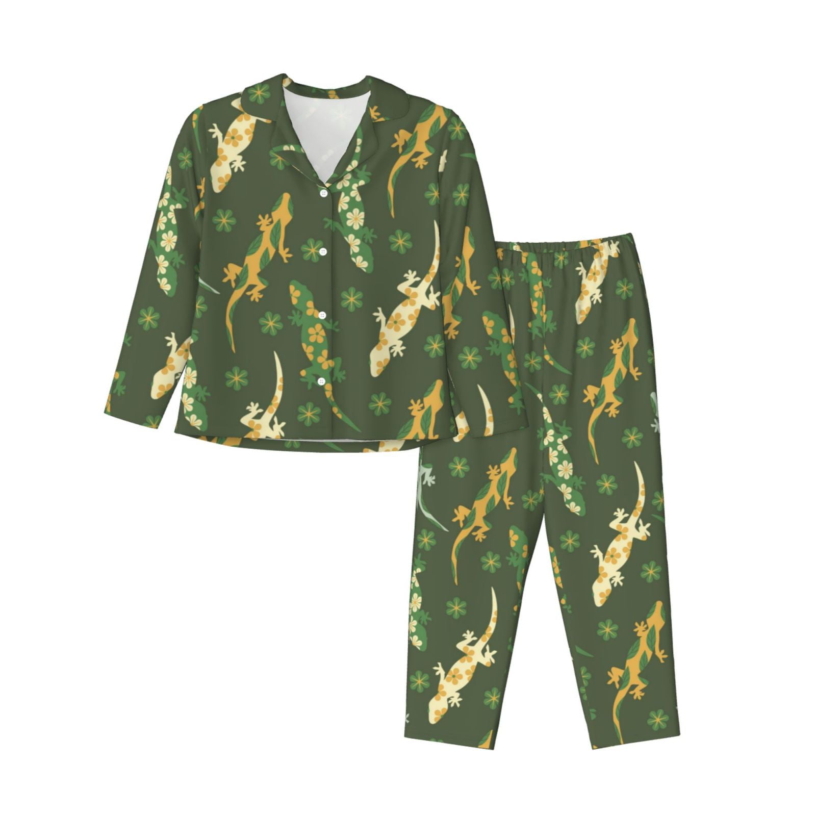 Pajama Sets for Women 2 Pcs, Tropical Lizard Gecko Green Button Down ...