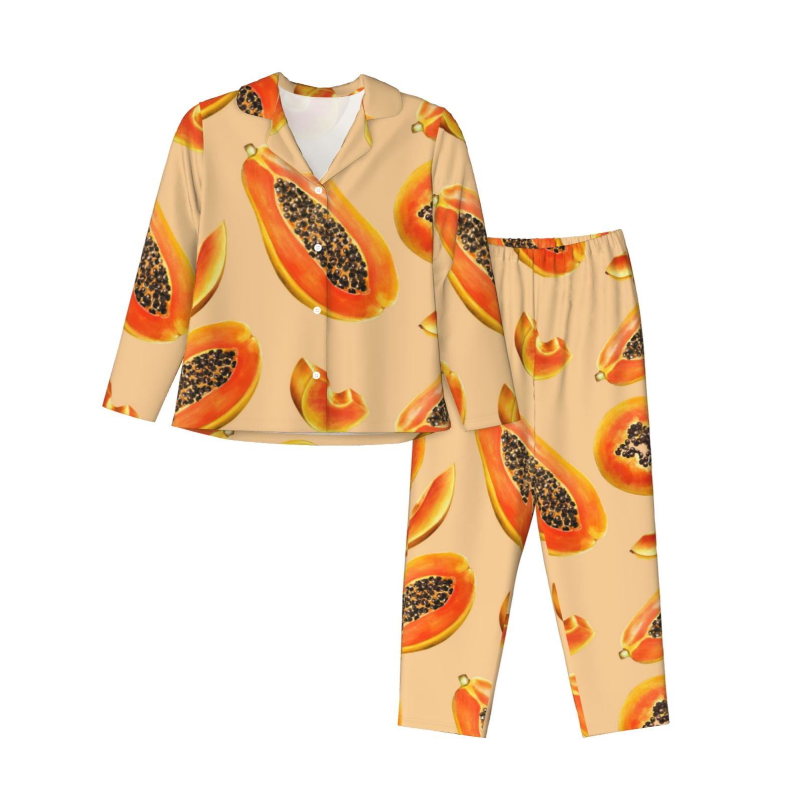 Pajama Sets for Women 2 Pcs, Tropical fruit Papaya Button Down Long ...