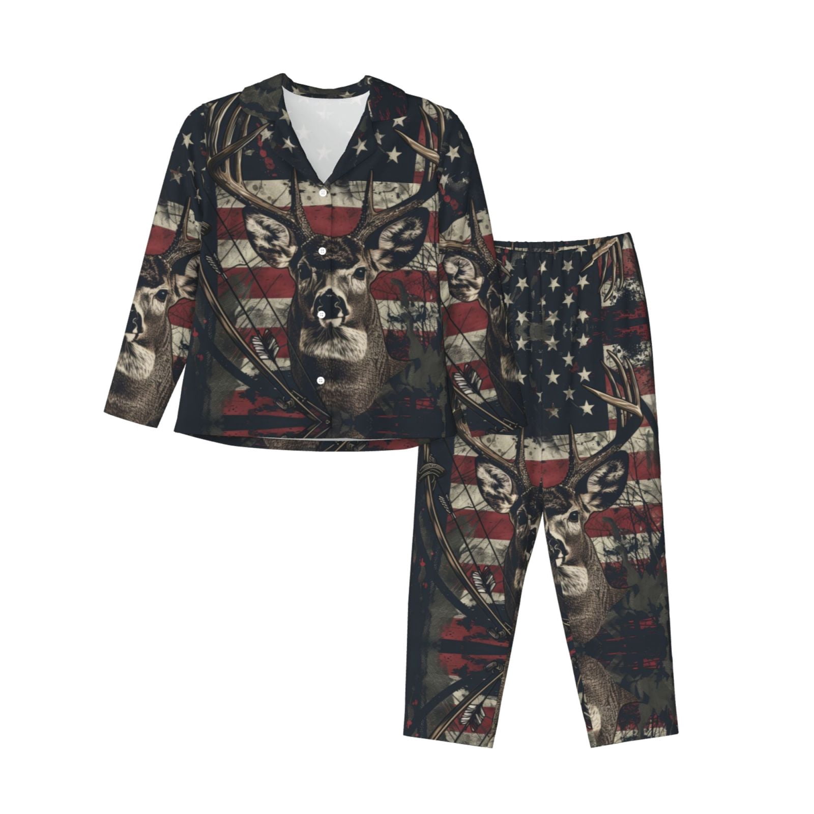Pajama Sets for Women 2 Pcs, USA Flag Deer Art Button Down Long Sleeve ...
