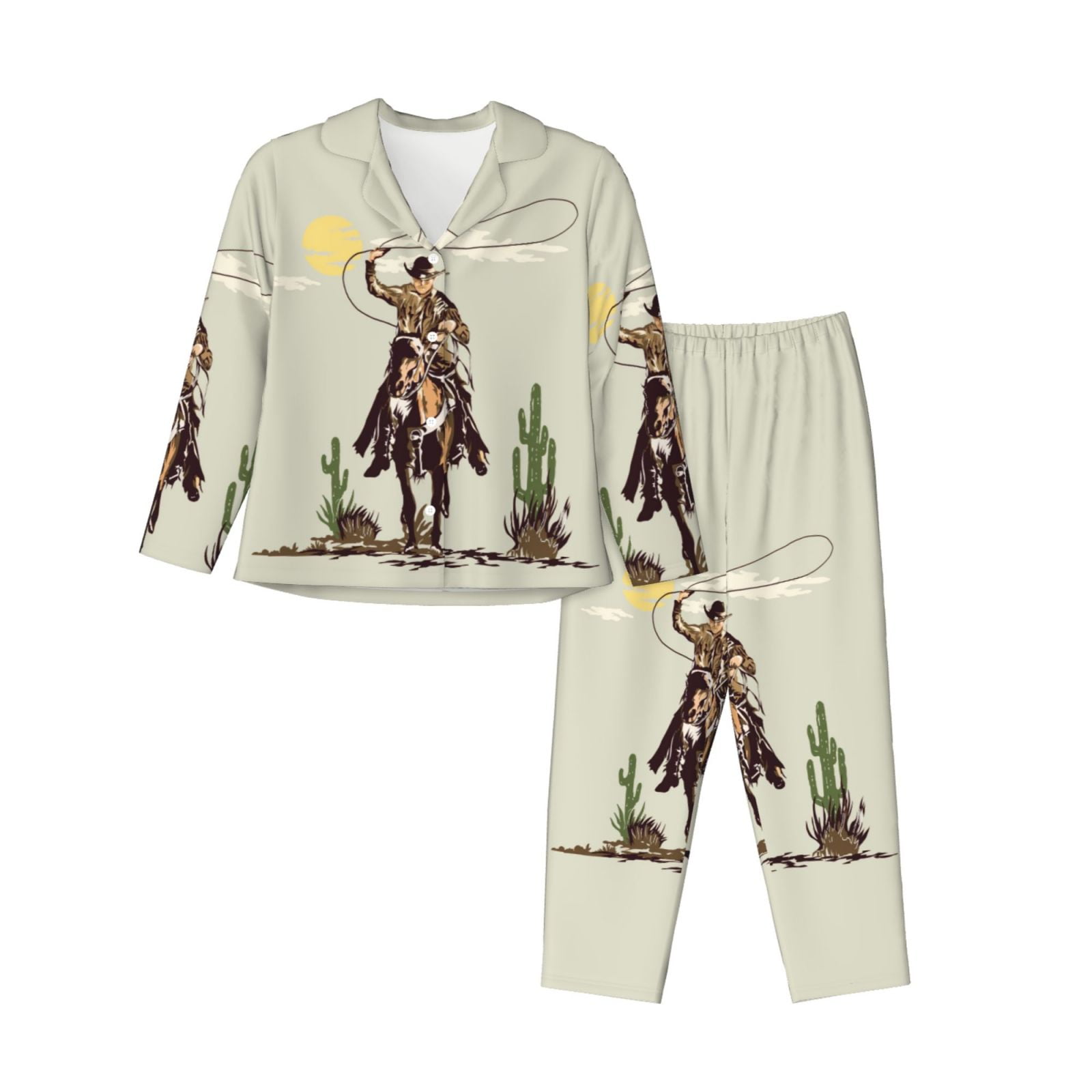 Pajama Sets for Women 2 Pcs, Vintage Cowboy Riding Horse Button Down ...