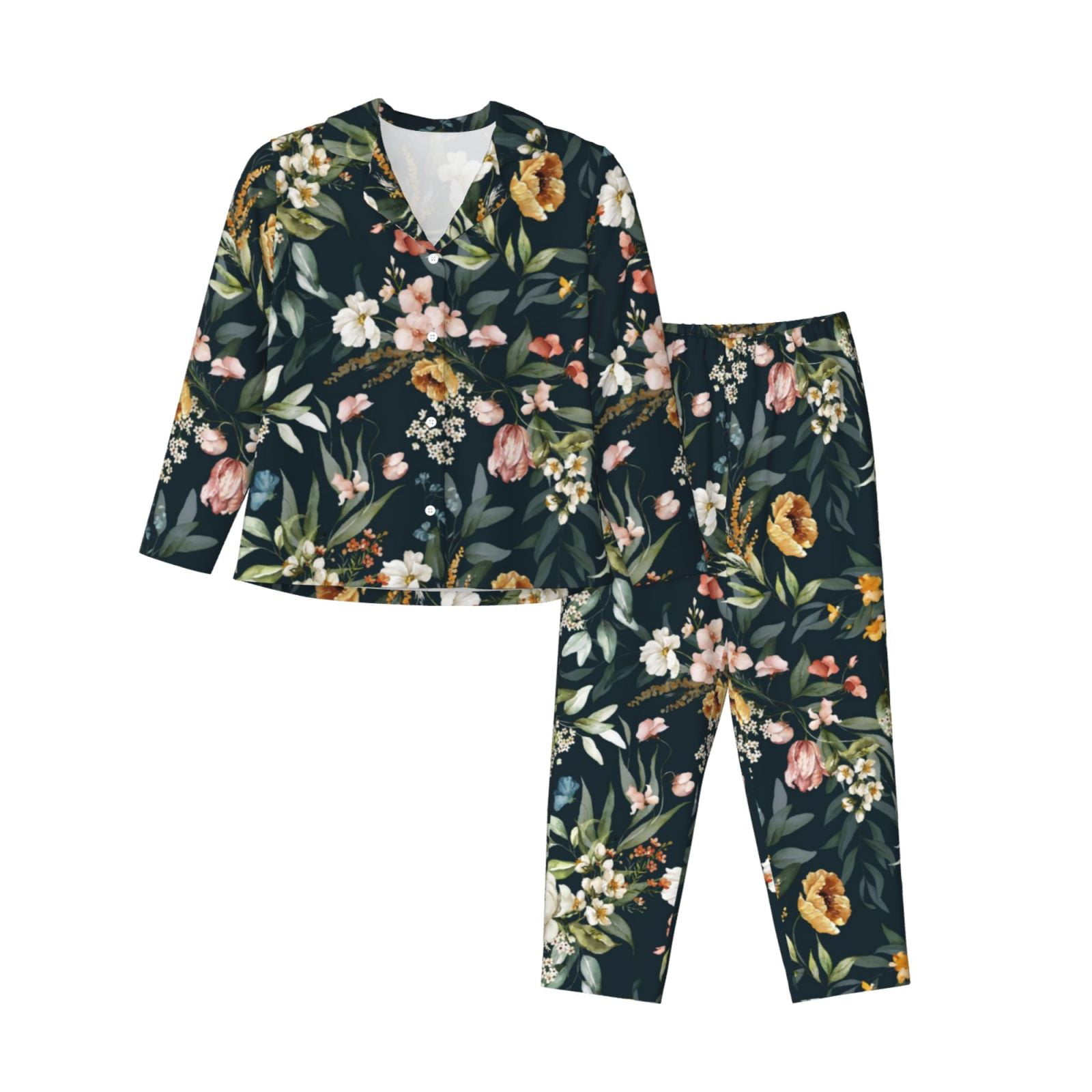 Pajama Sets for Women 2 Pcs, Watercolor Floral Button Down Long Sleeve ...