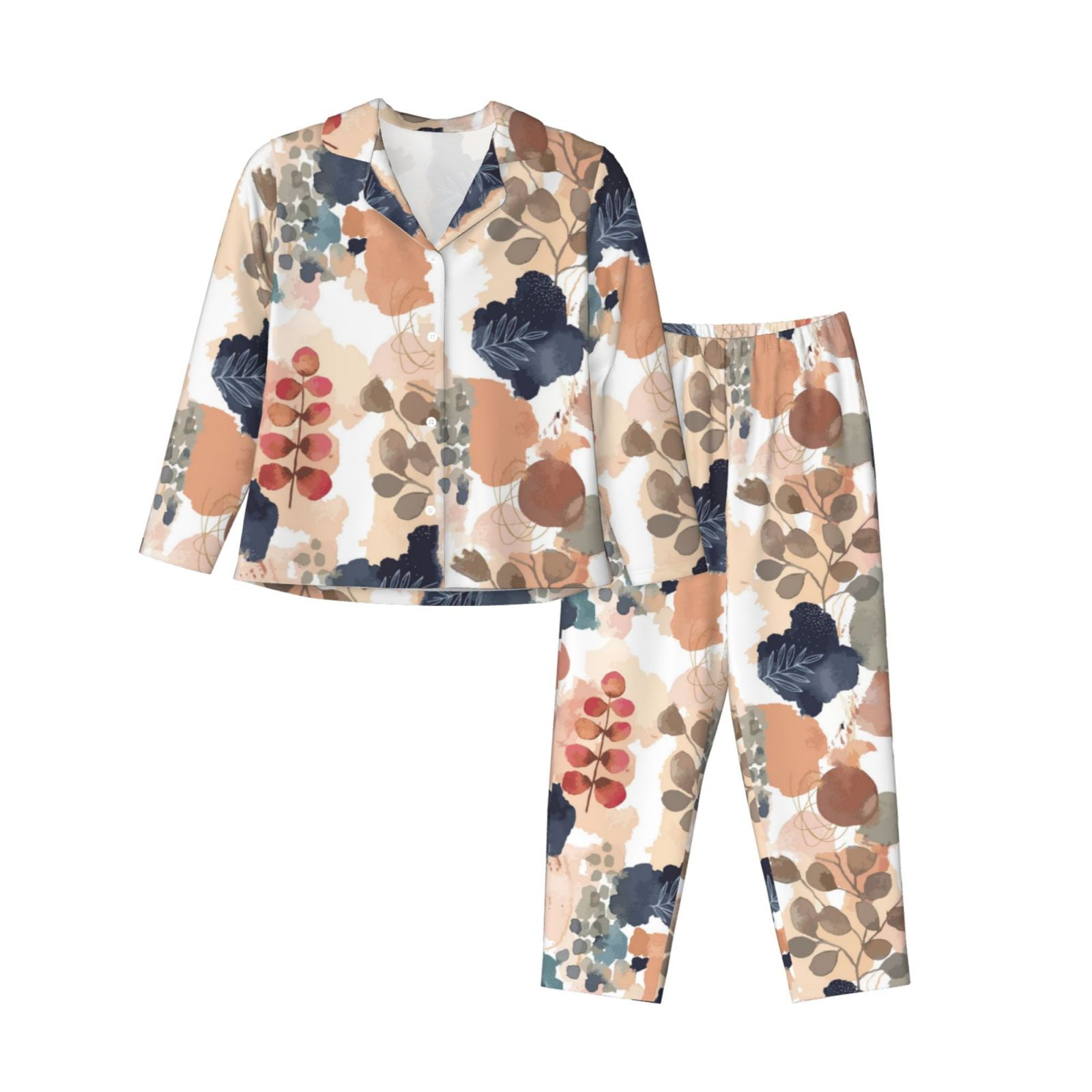 Pajama Sets for Women 2 Pcs, Watercolor plants Button Down Long Sleeve ...
