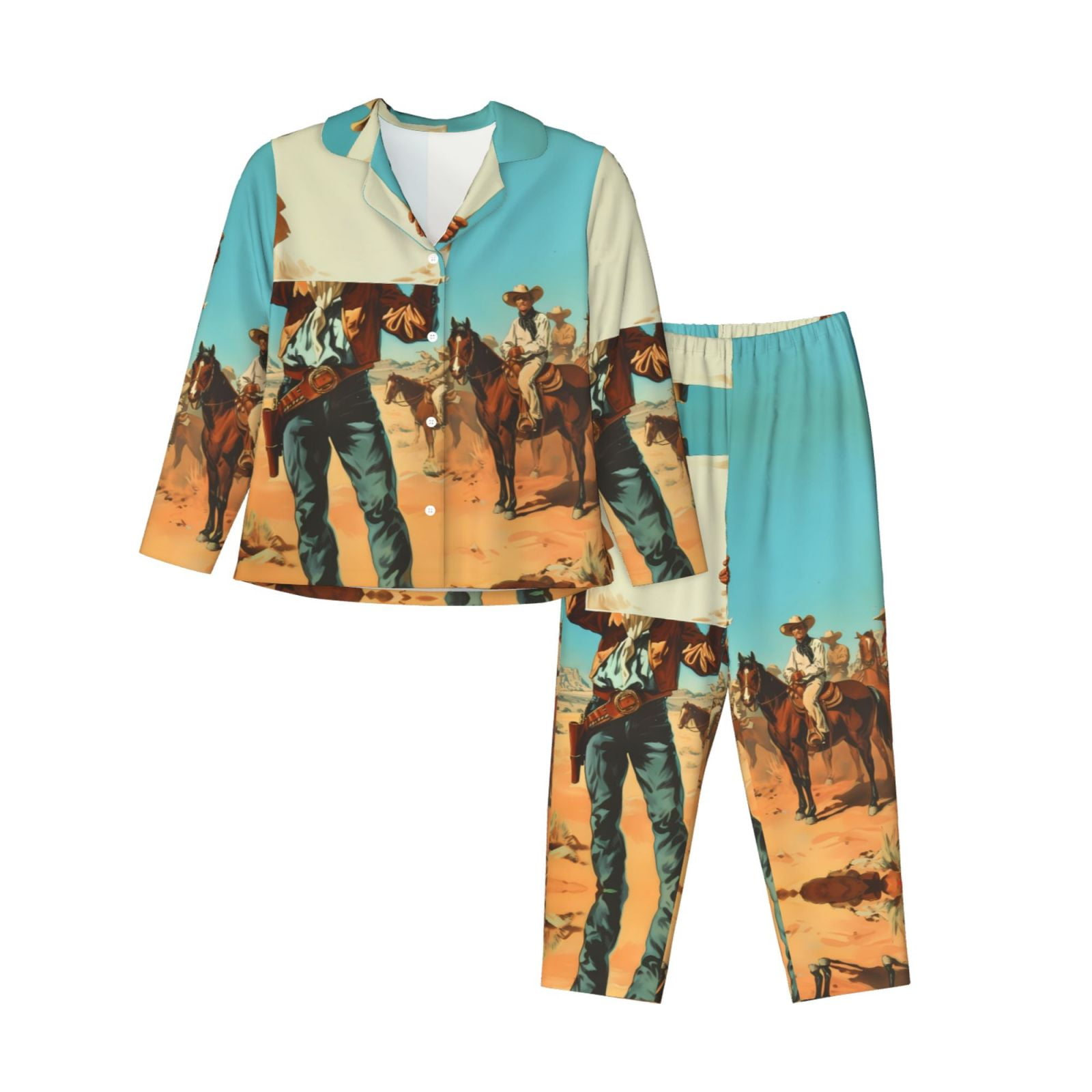 Pajama Sets for Women 2 Pcs, Western Desert Cowboy Button Down Long ...