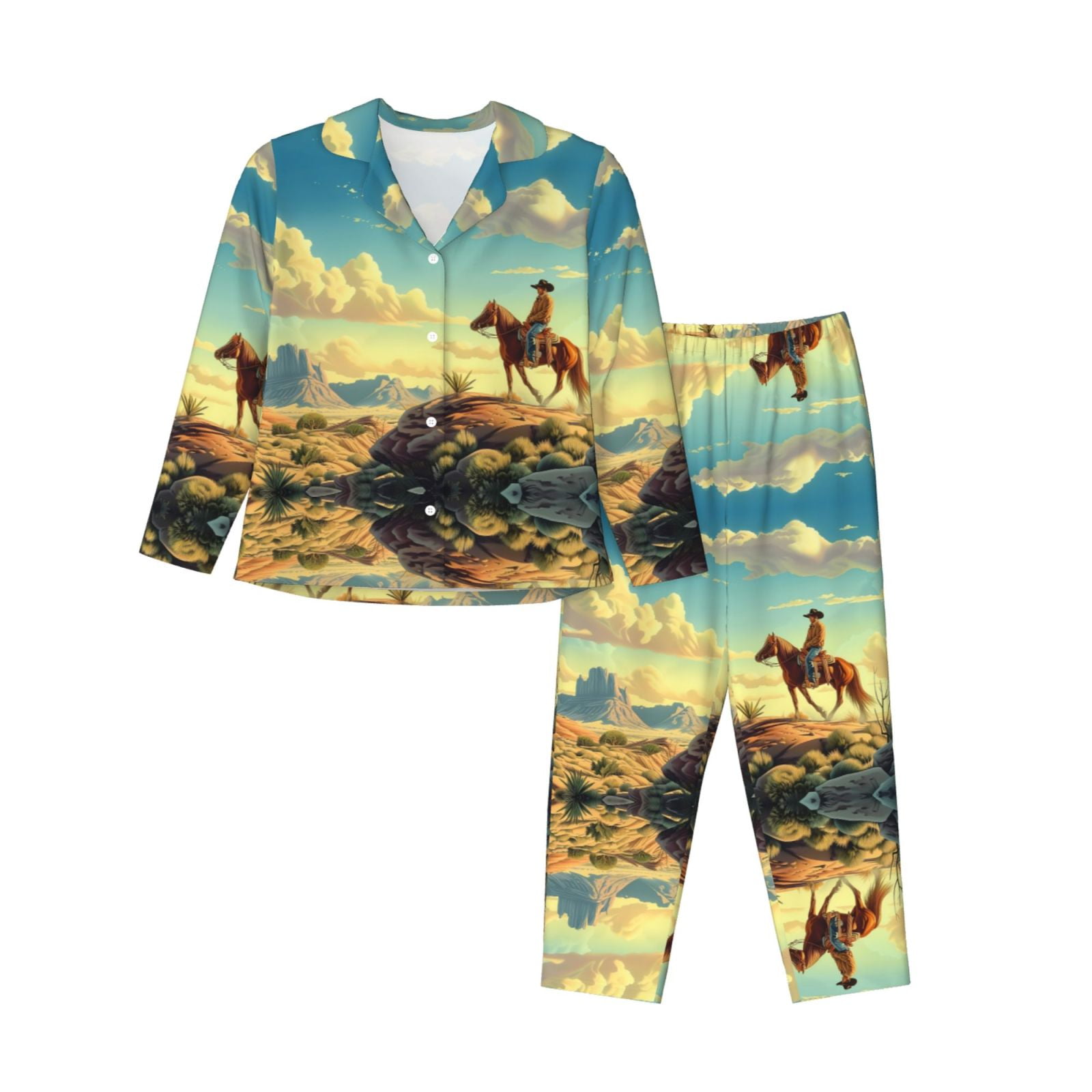 Pajama Sets for Women 2 Pcs, Western Sky Desert Cowboy Button Down Long ...