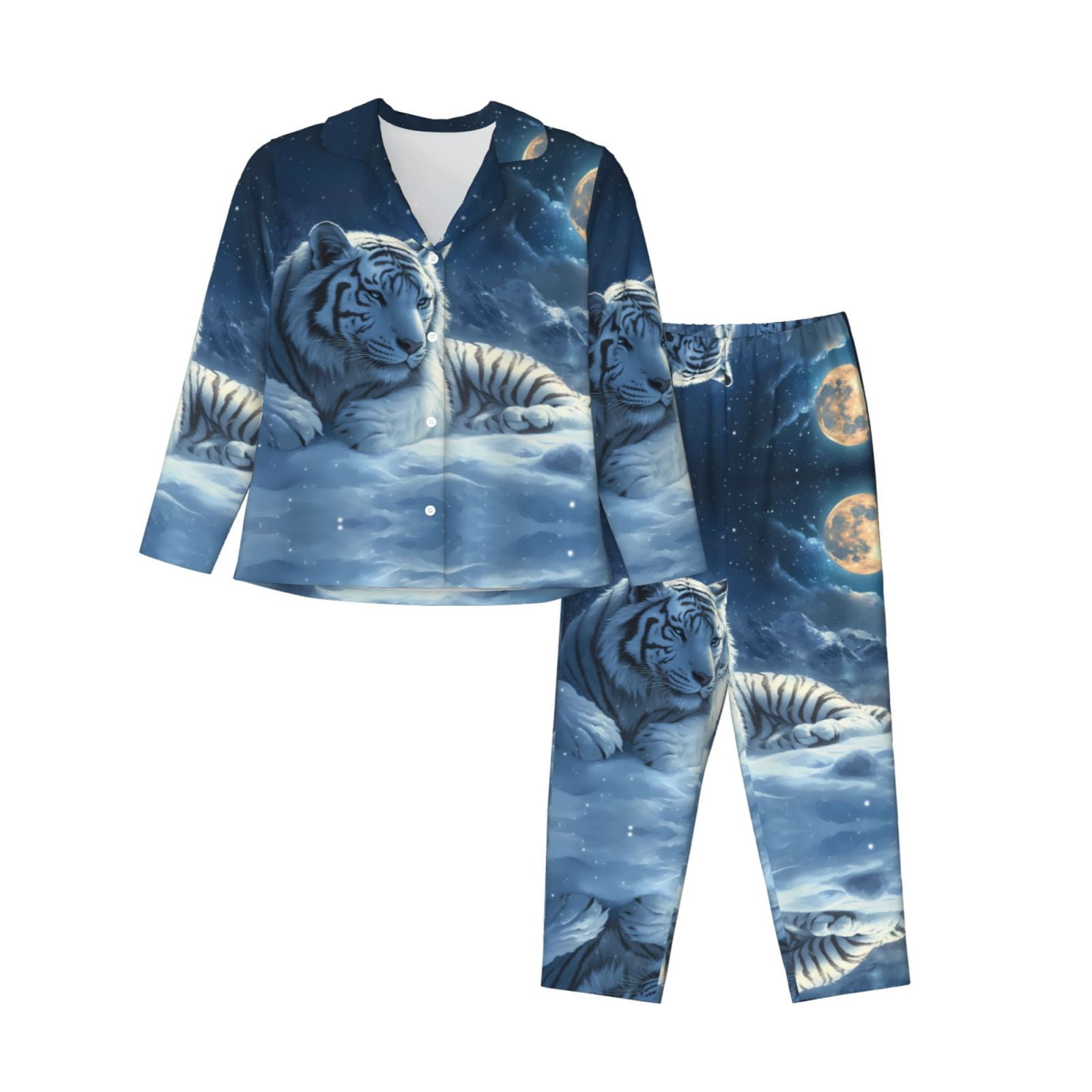 Pajama Sets for Women 2 Pcs, White Tiger Under Full Moon A Button Down ...