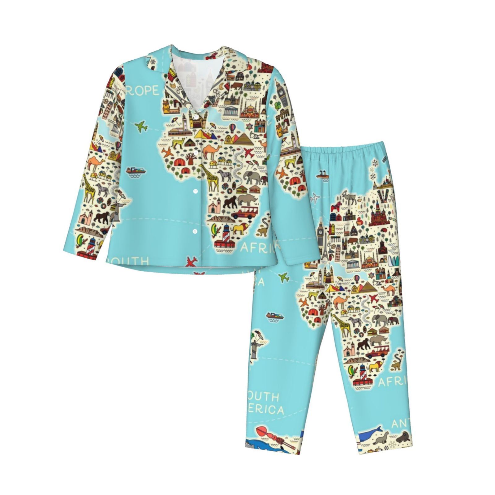 Pajama Sets for Women 2 Pcs, World Travel Line Icons Map Button Down ...