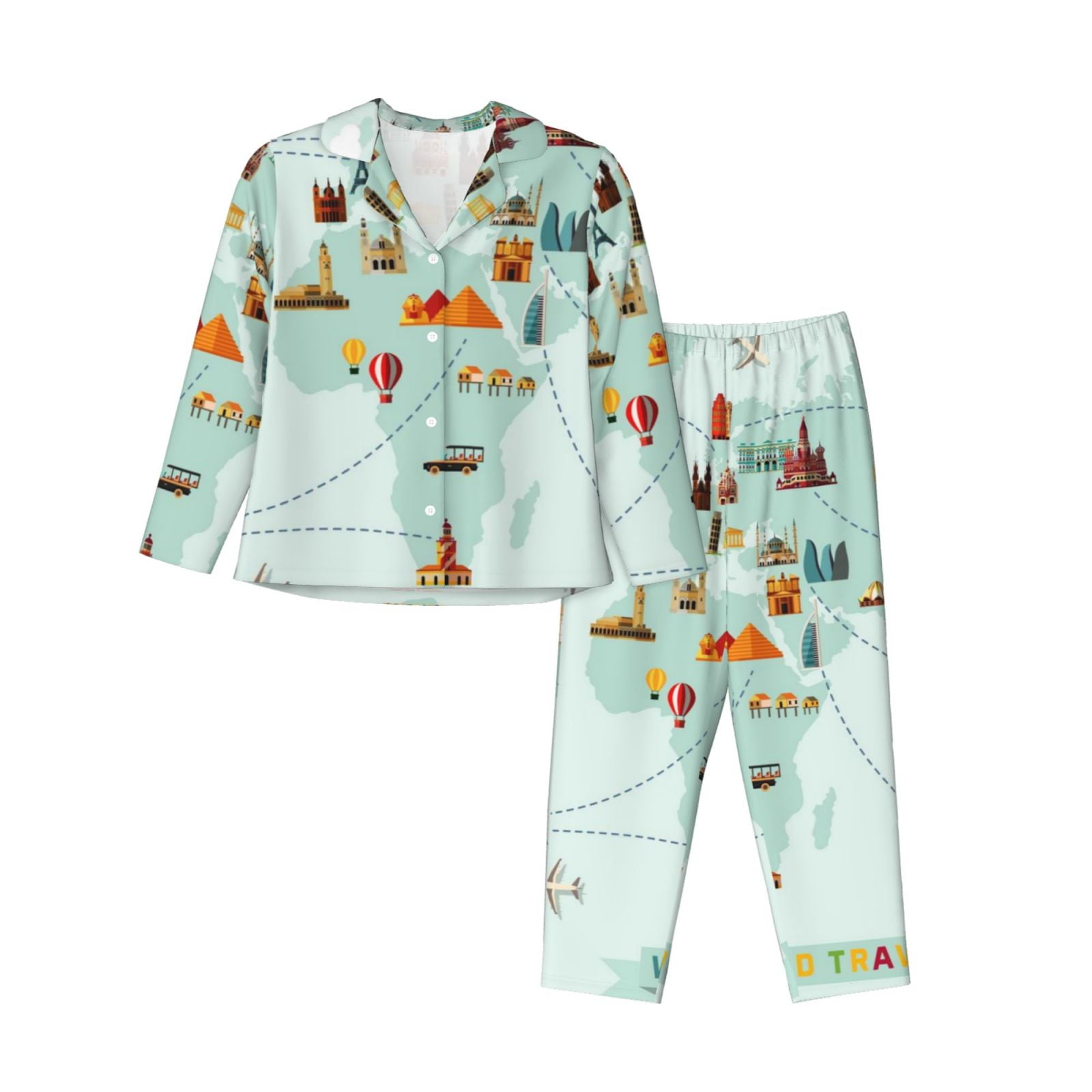 Pajama Sets for Women 2 Pcs, World Travel Map Button Down Long Sleeve ...