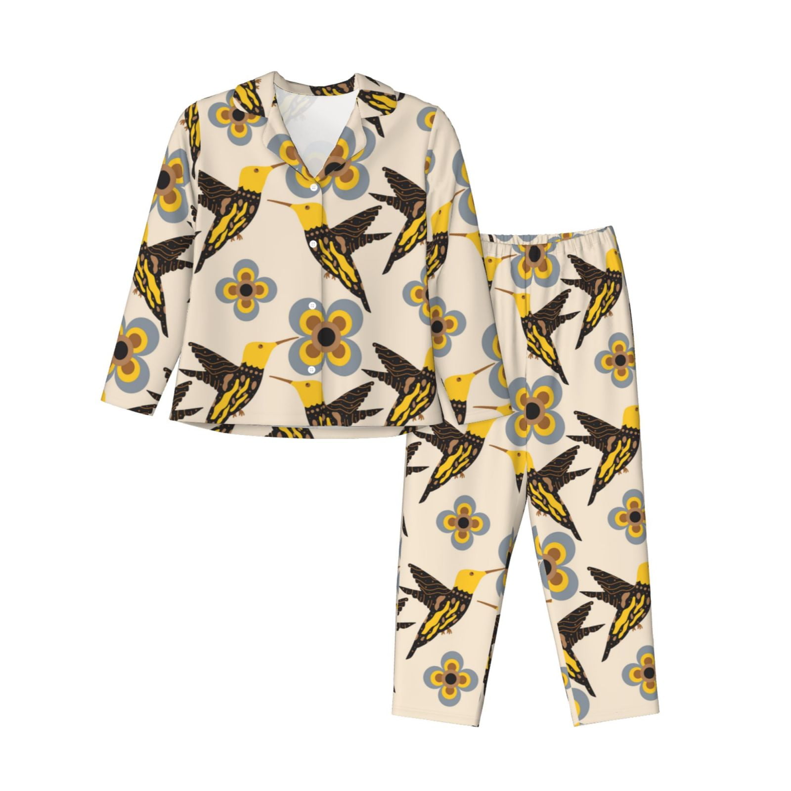 Pajama Sets for Women 2 Pcs, Yellow Flowers Hummingbird Button Down ...