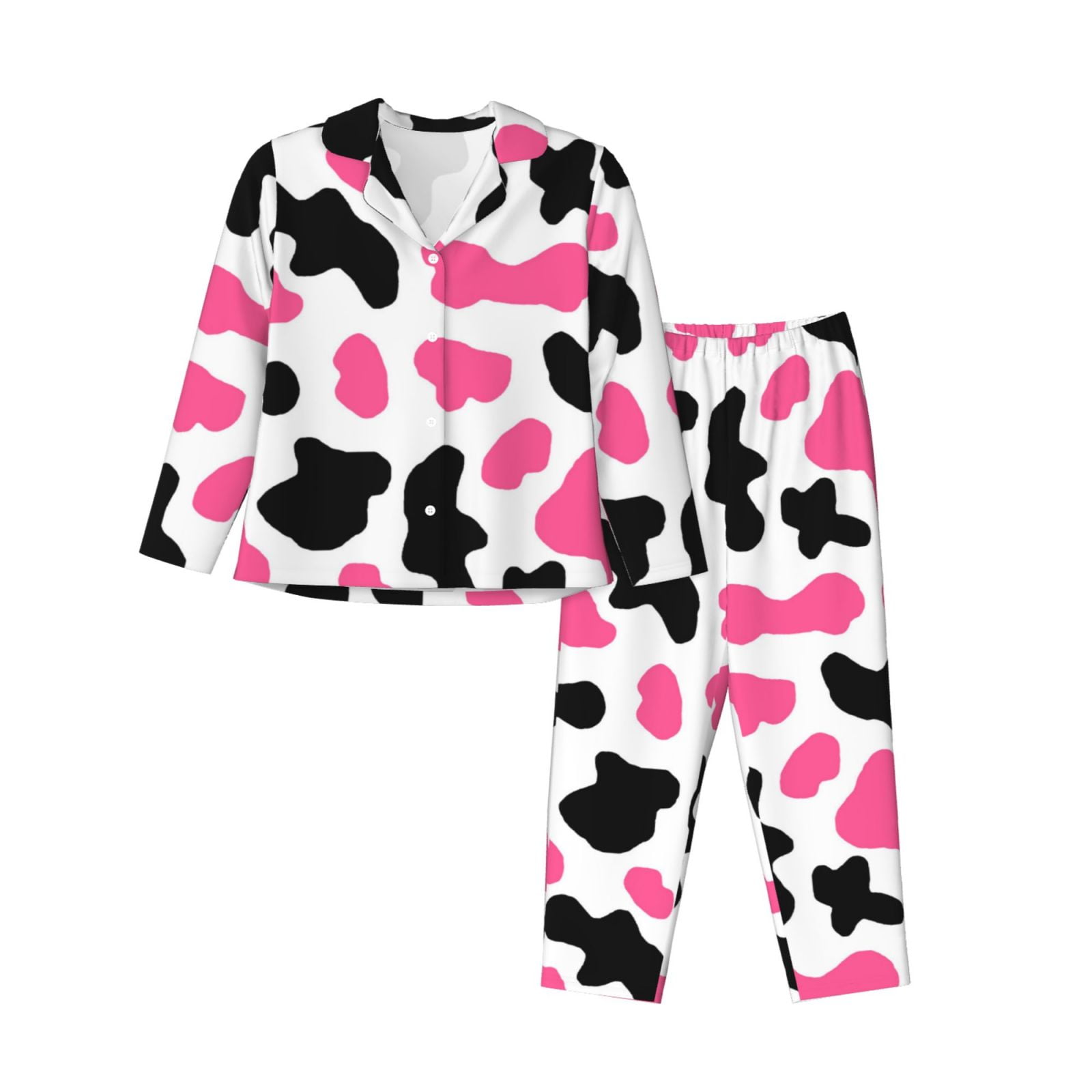 Pajama Sets for Women 2 Pcs, cute black pink cow print Button Down Long ...