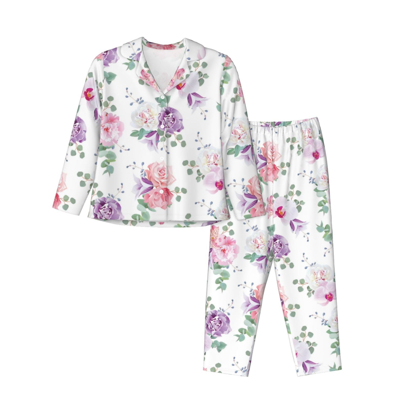 Pajama Sets for Women 2 Pcs, rose flower B Button Down Long Sleeve ...