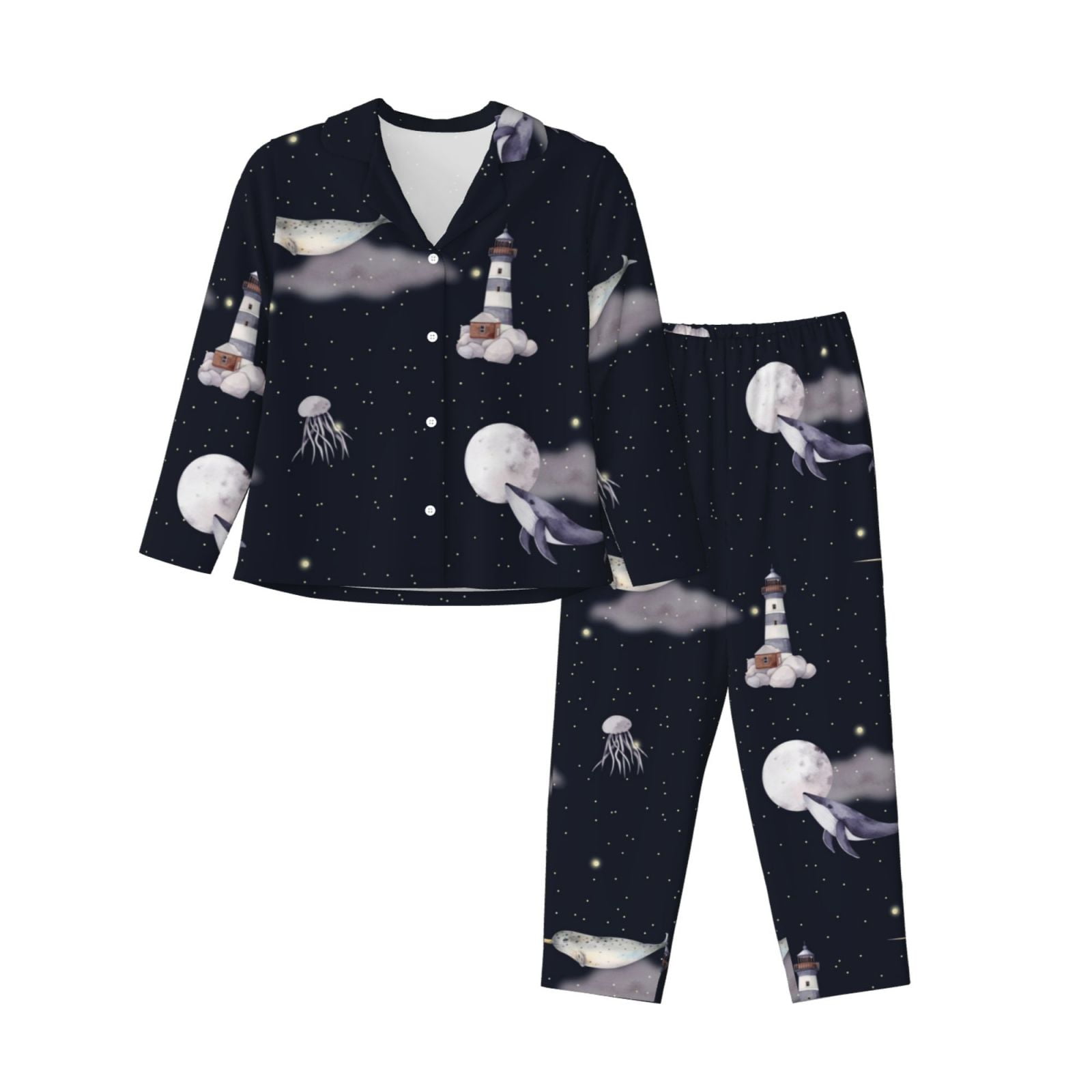 Pajama Sets for Women 2 Pcs, whale jellyfish moon stars space Button ...