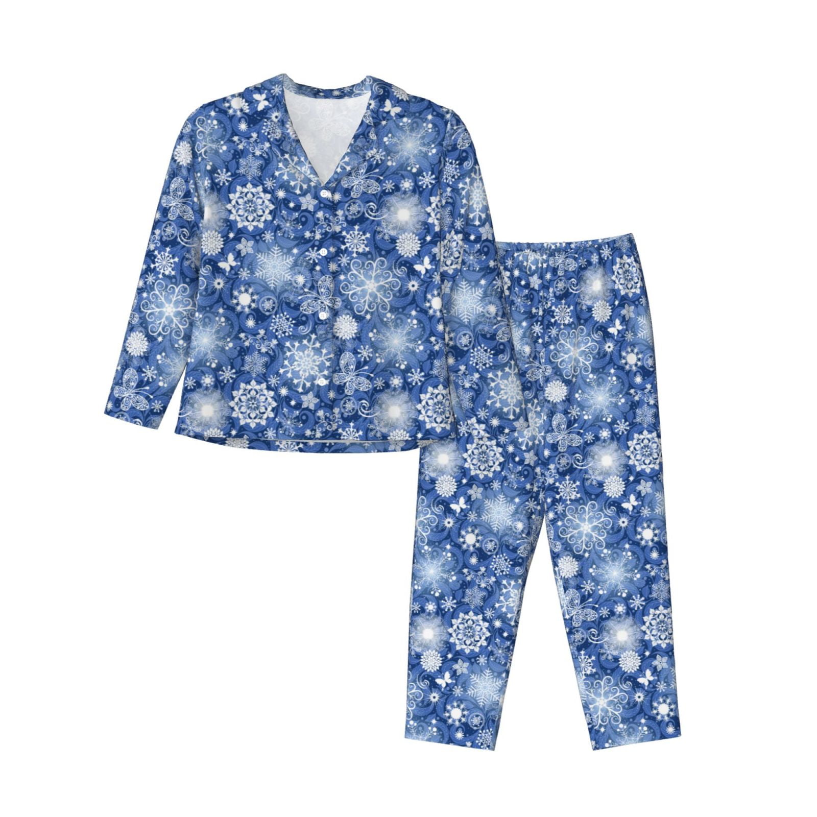 Pajama Sets for Women 2 Pcs, whiet Snowflake blue background Button ...