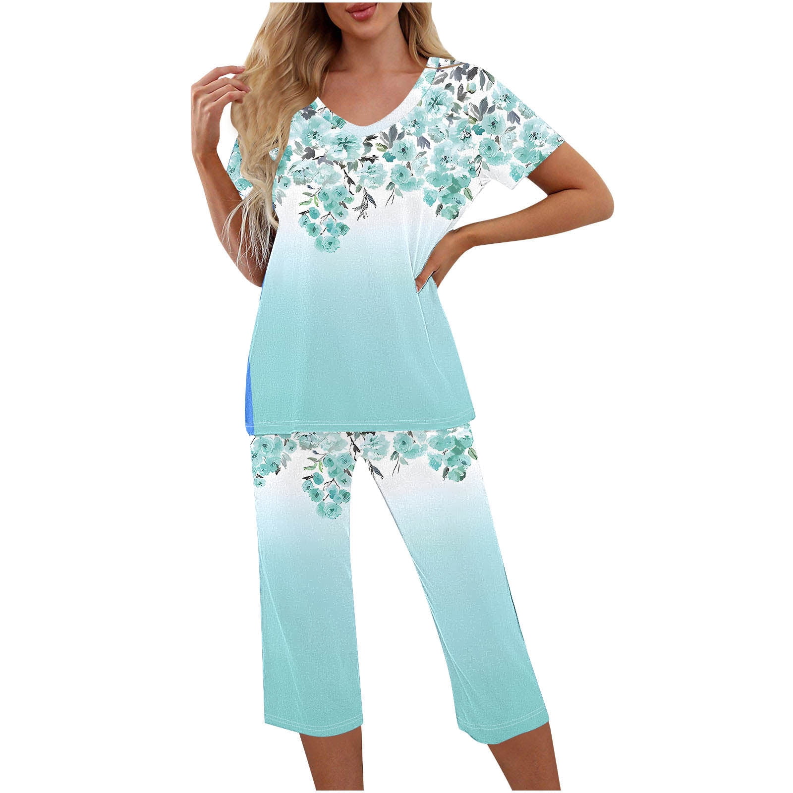 Pajama Sets for Women 2 Piece Floral Print Soft Cotton Short Sleeve ...