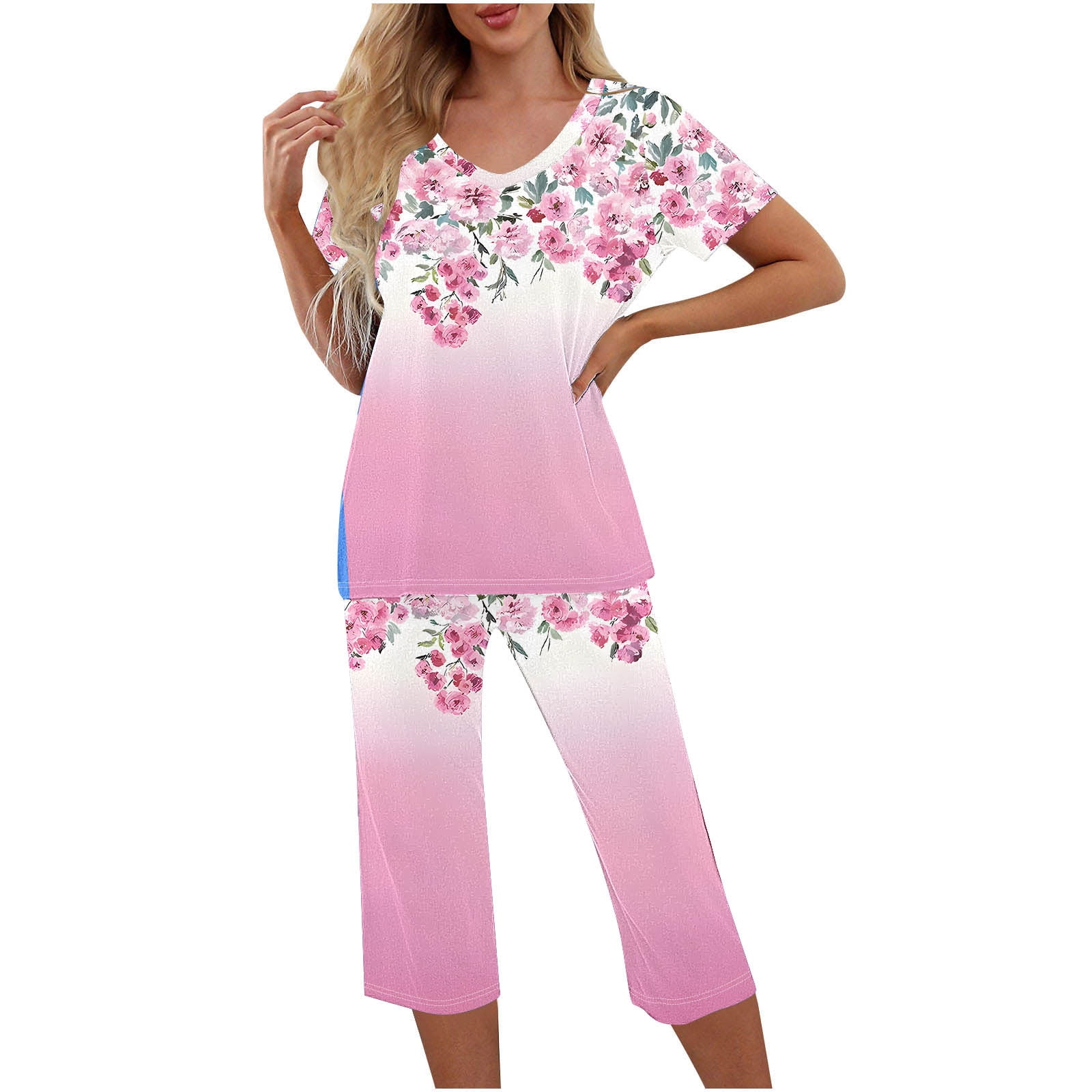 Pajama Sets for Women 2 Piece Floral Print Soft Cotton Short Sleeve ...