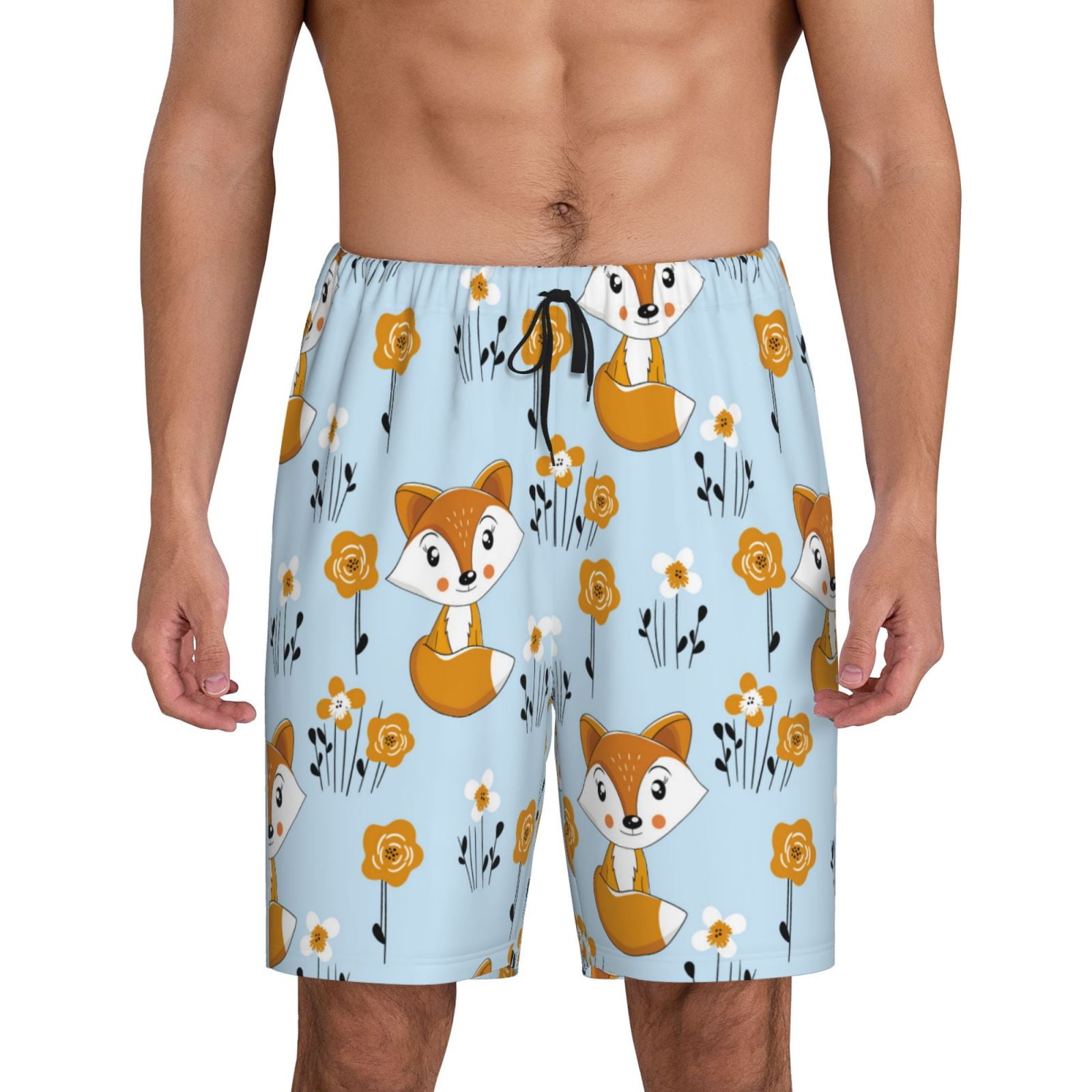 Pajama Shorts Men, Cartoon Flower Fox Blue Mens Sleep Lounge Shorts ...