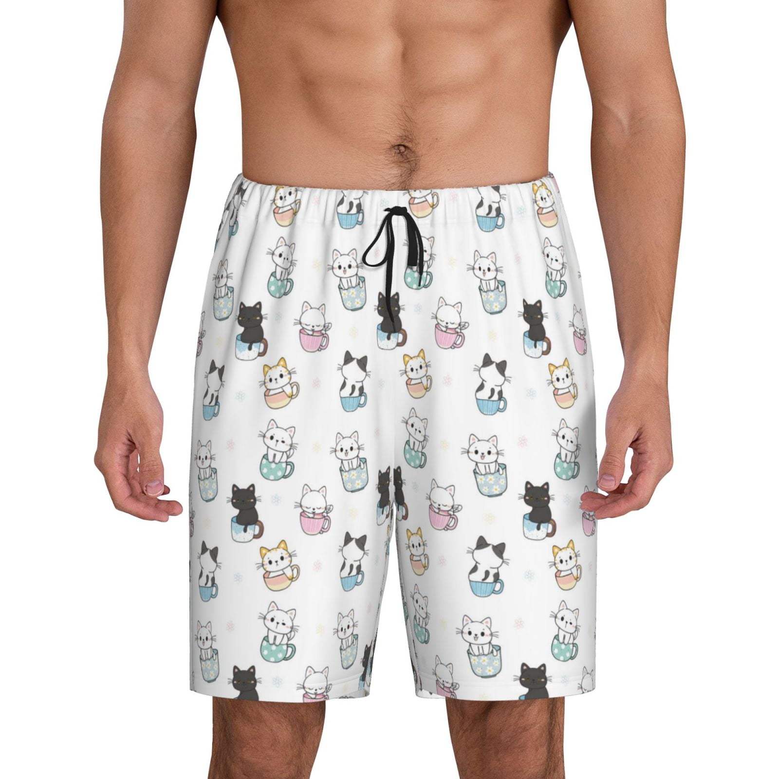 Pajama Shorts Men, Cute Cartoon Hand Drawn Cat Mens Sleep Lounge Shorts ...