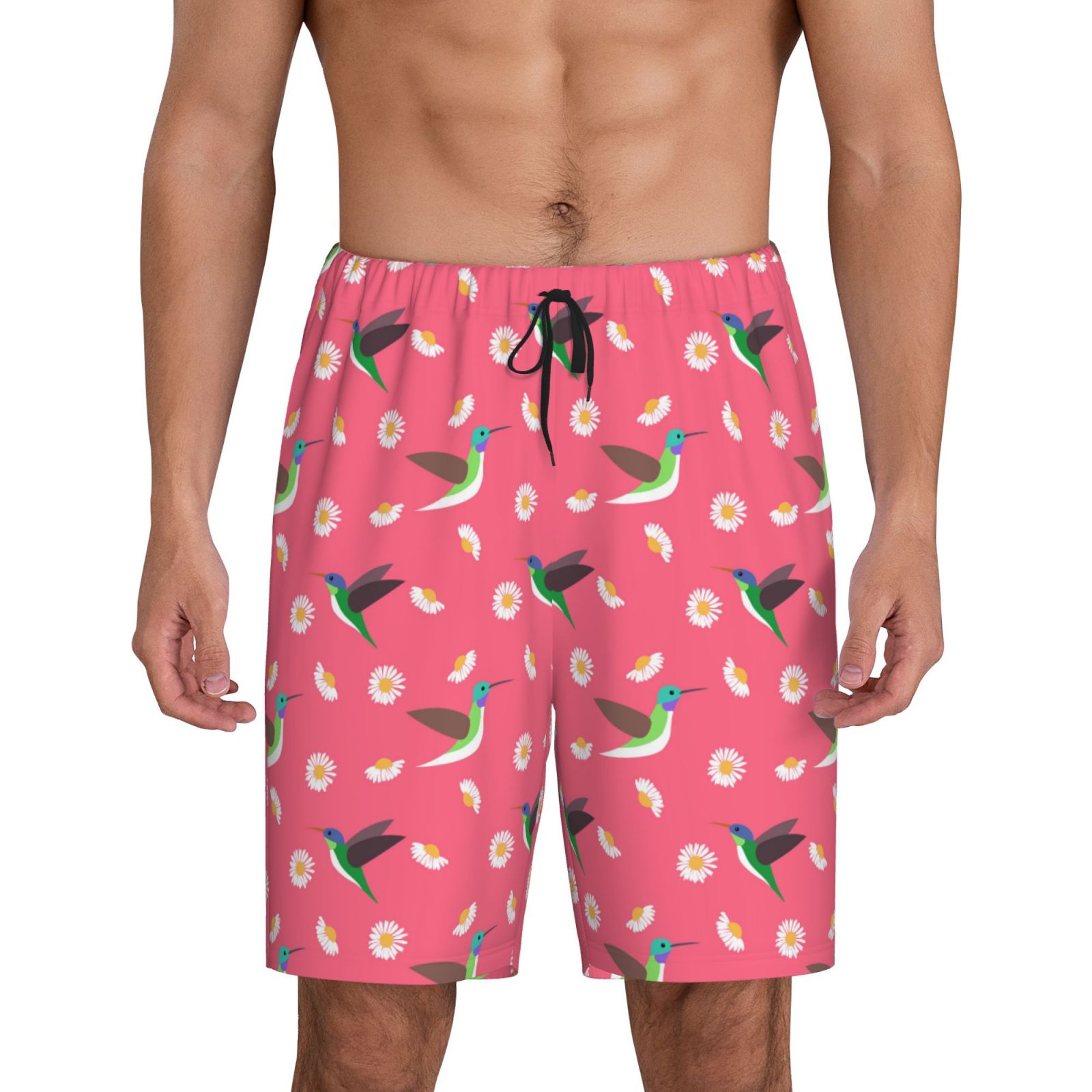 Pajama Shorts Men, Daisy Hummingbird Print Pink Mens Sleep Lounge ...