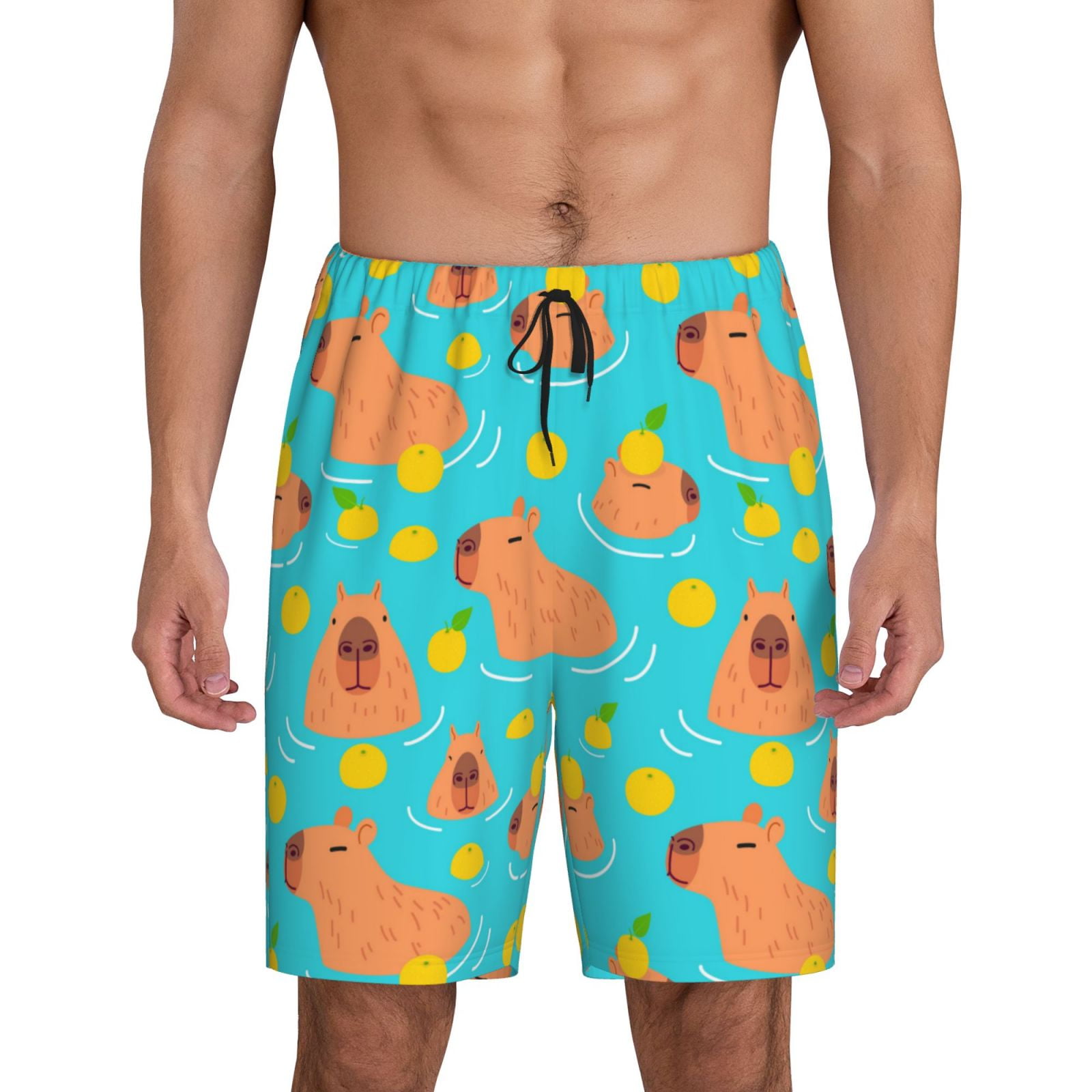 Pajama Shorts Men, Swim Capybaras Orange Mens Sleep Lounge Shorts, Soft ...