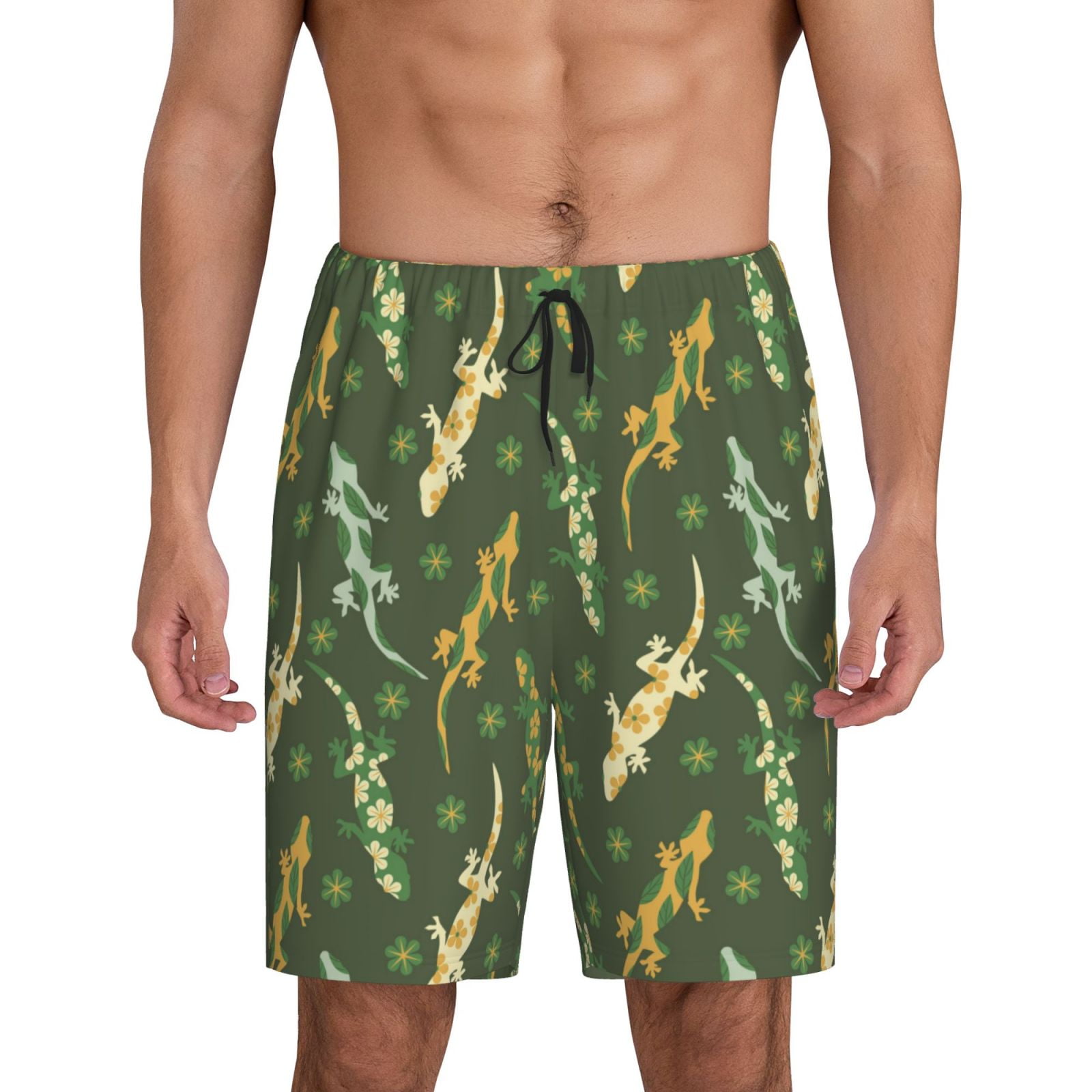 Pajama Shorts Men, Tropical Lizard Gecko Green Mens Sleep Lounge Shorts ...