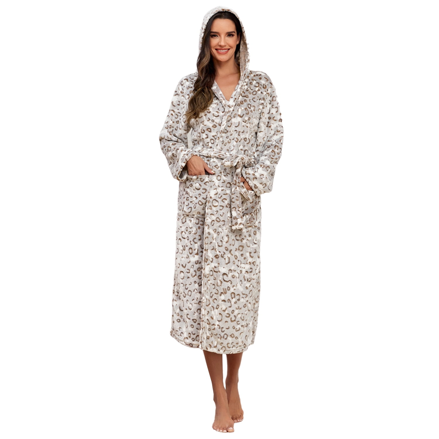 PajamaX Leopard Print Hooded Bathrobe for Women, Long Shawl Collar ...