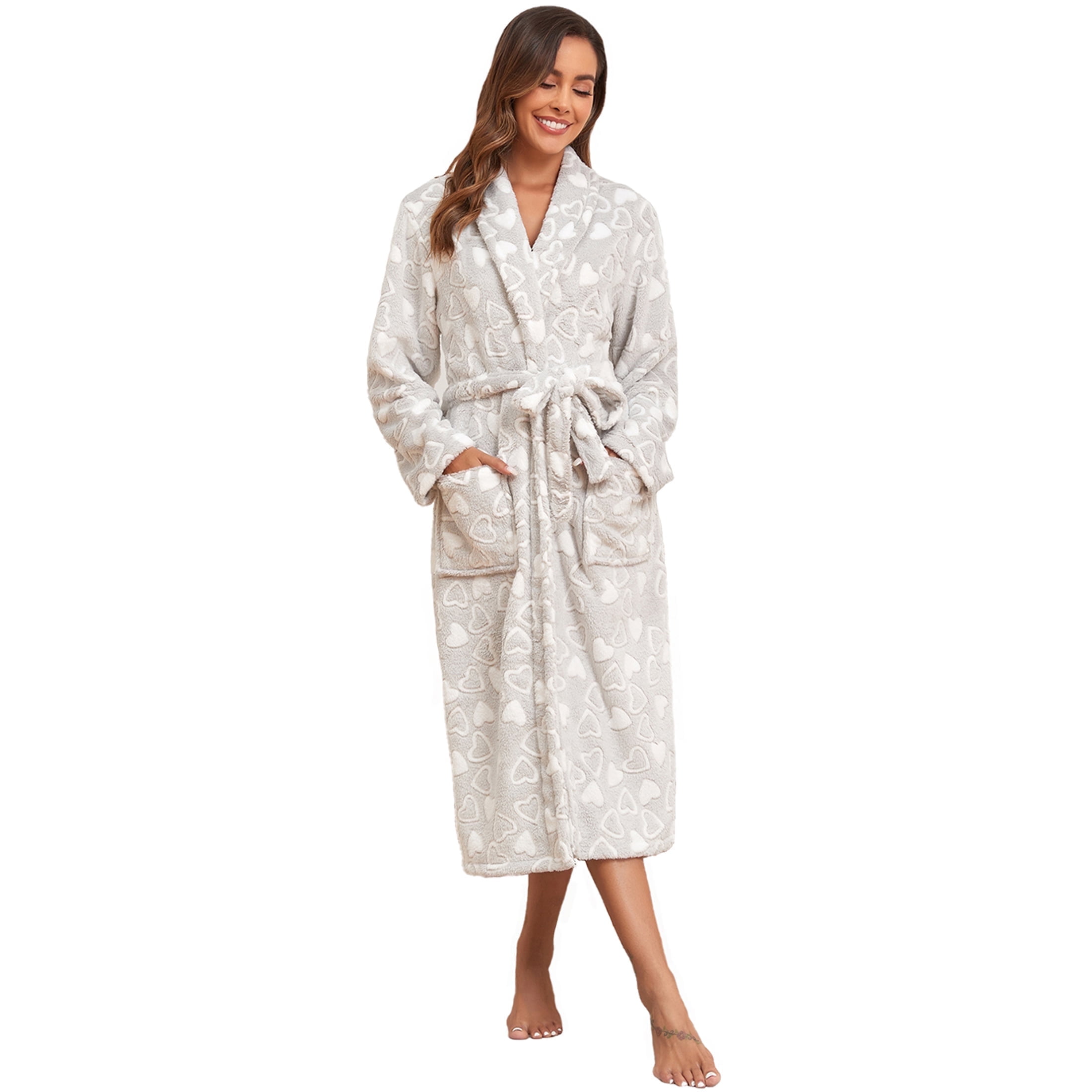 PajamaX Long Fleece Robe for Women, Shawl Collar, Plush Warm Fabric ...