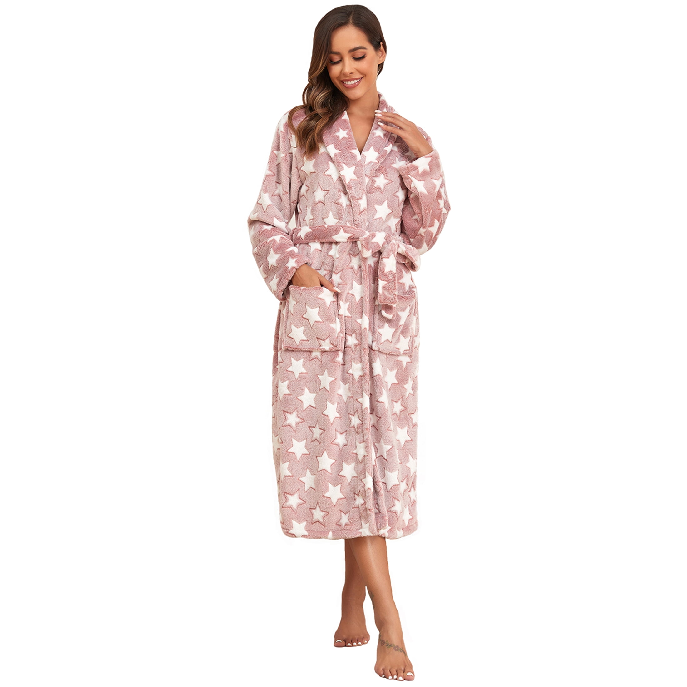 PajamaX Long Fleece Robe for Women, Shawl Collar, Plush Warm Fabric ...
