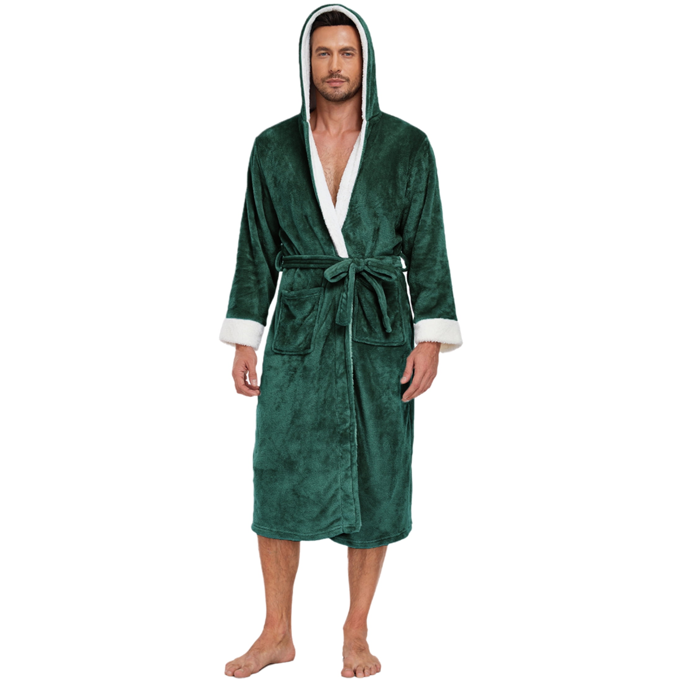 PajamaX Mens Hooded Fleece Bathrobe Soft Plush Long Robe for Men with ...