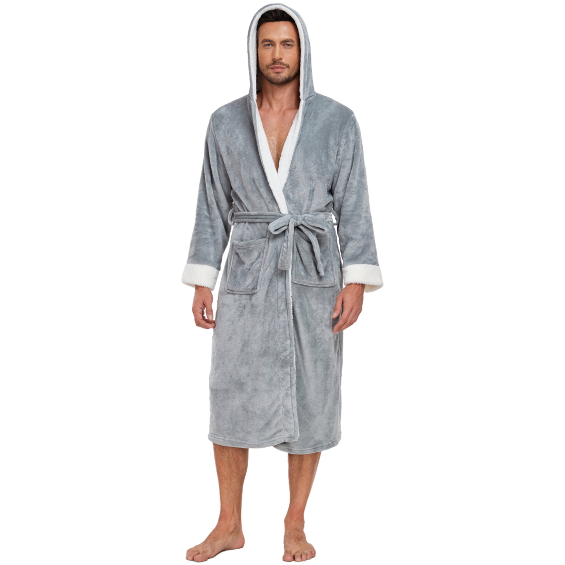 PajamaX Mens Hooded Fleece Bathrobe Soft Plush Long Robe for Men with ...