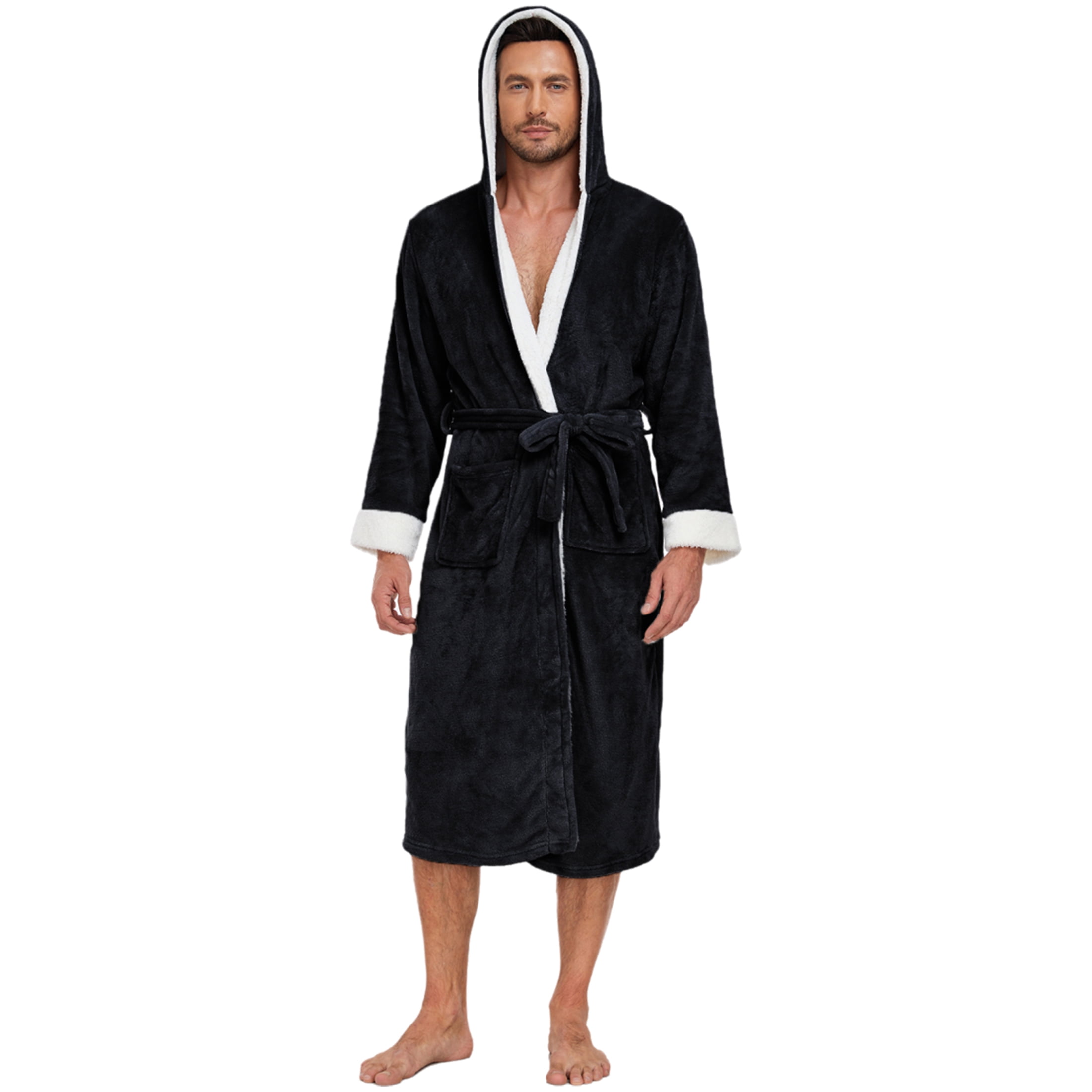 PajamaX Mens Hooded Fleece Bathrobe Soft Plush Long Robe for Men with ...