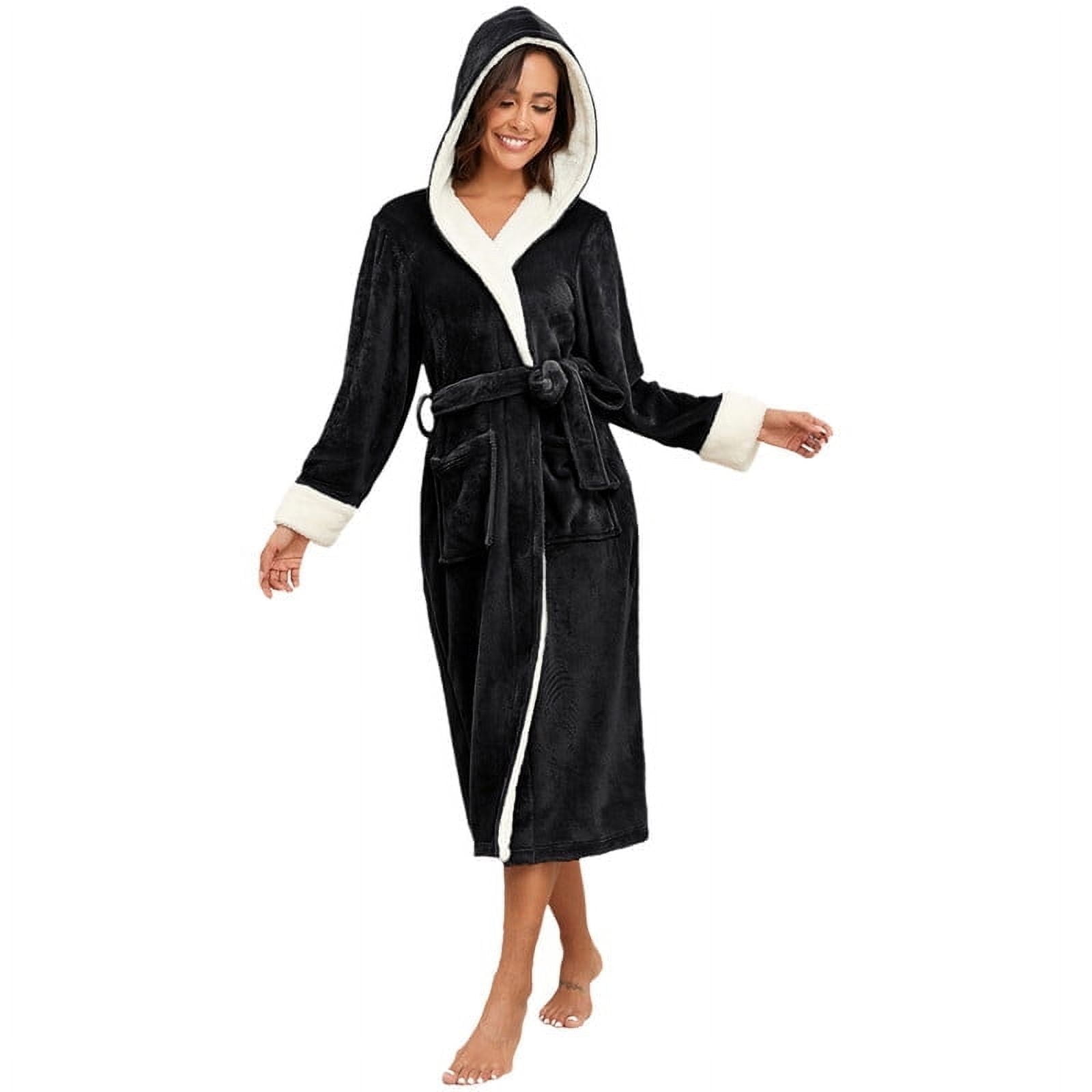 PajamaX Women's Fleece Hooded Bathrobe Soft Plush Long Spa Robe ...