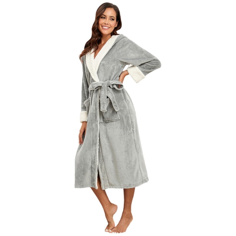 PajamaX Women's Fleece Hooded Bathrobe Soft Plush Long Spa Robe ...