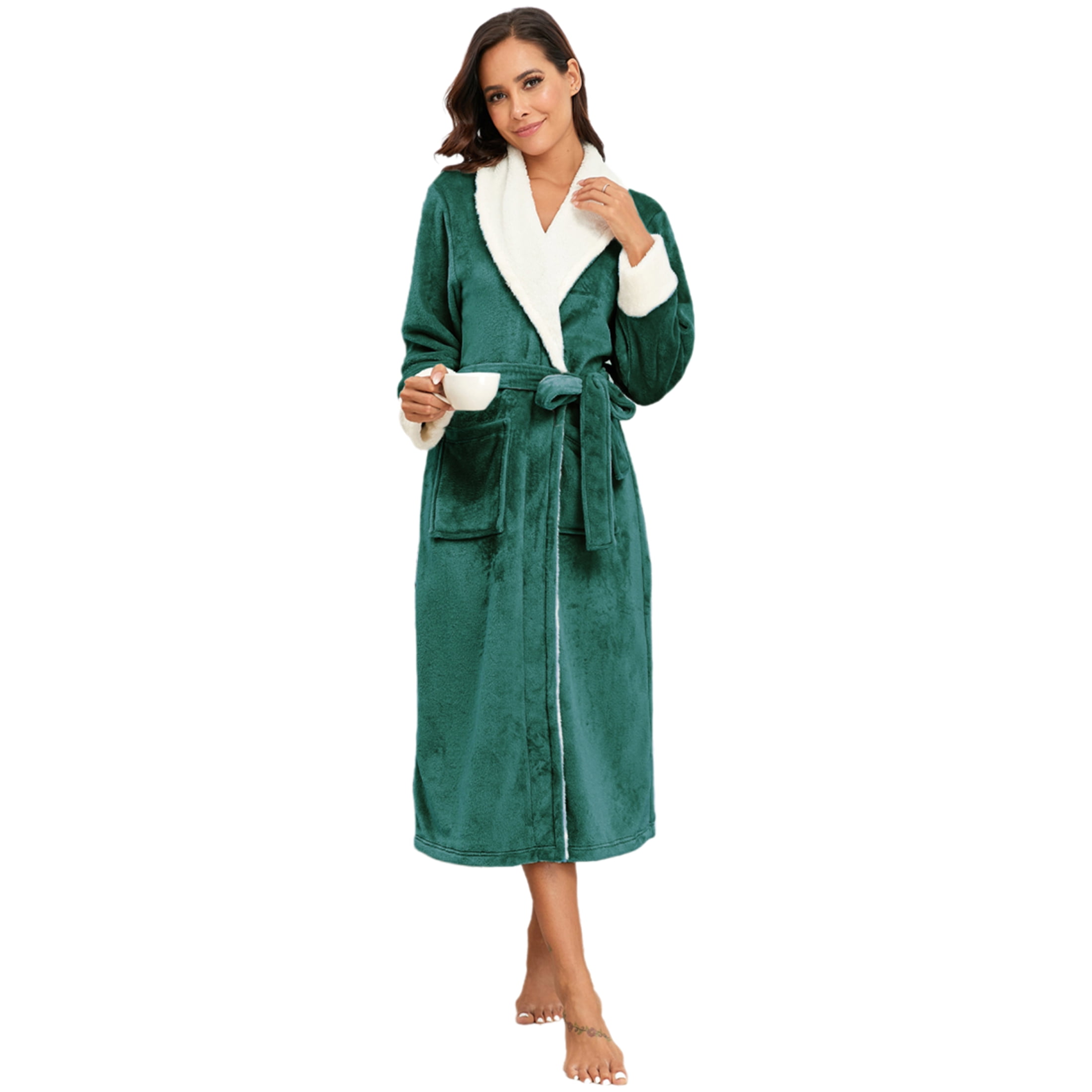 PajamaX Women's Fleece Shawl Collar Bathrobe Plush Soft Long Spa Robe ...