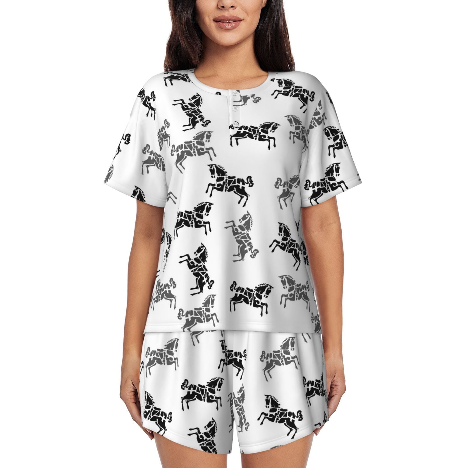 Pajamas For Women Set, Abstract Minimalist Horse Black Pj Lounge Sets ...