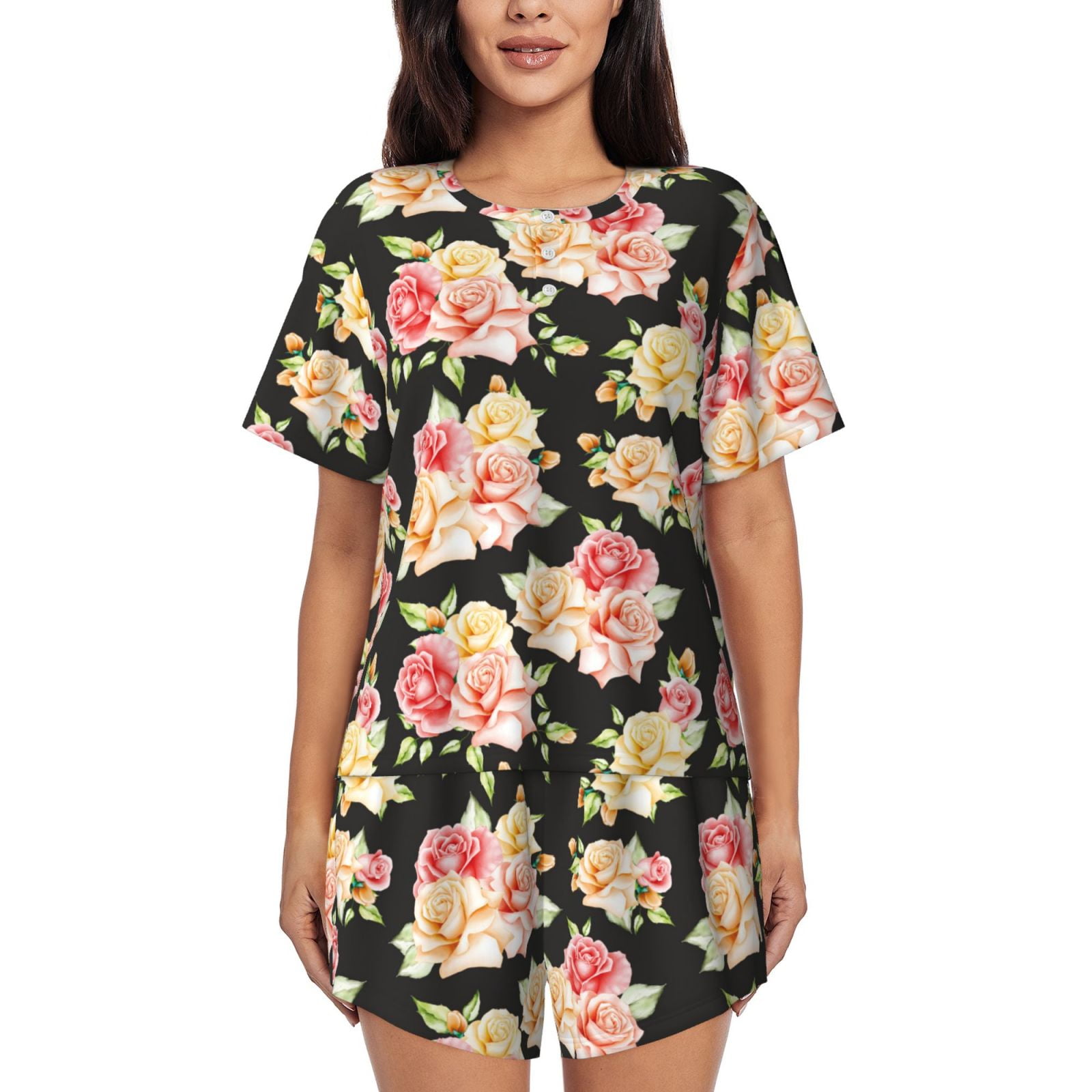 Pajamas For Women Set, Apricot Pinkl Rose Flowers Pj Lounge Sets For ...